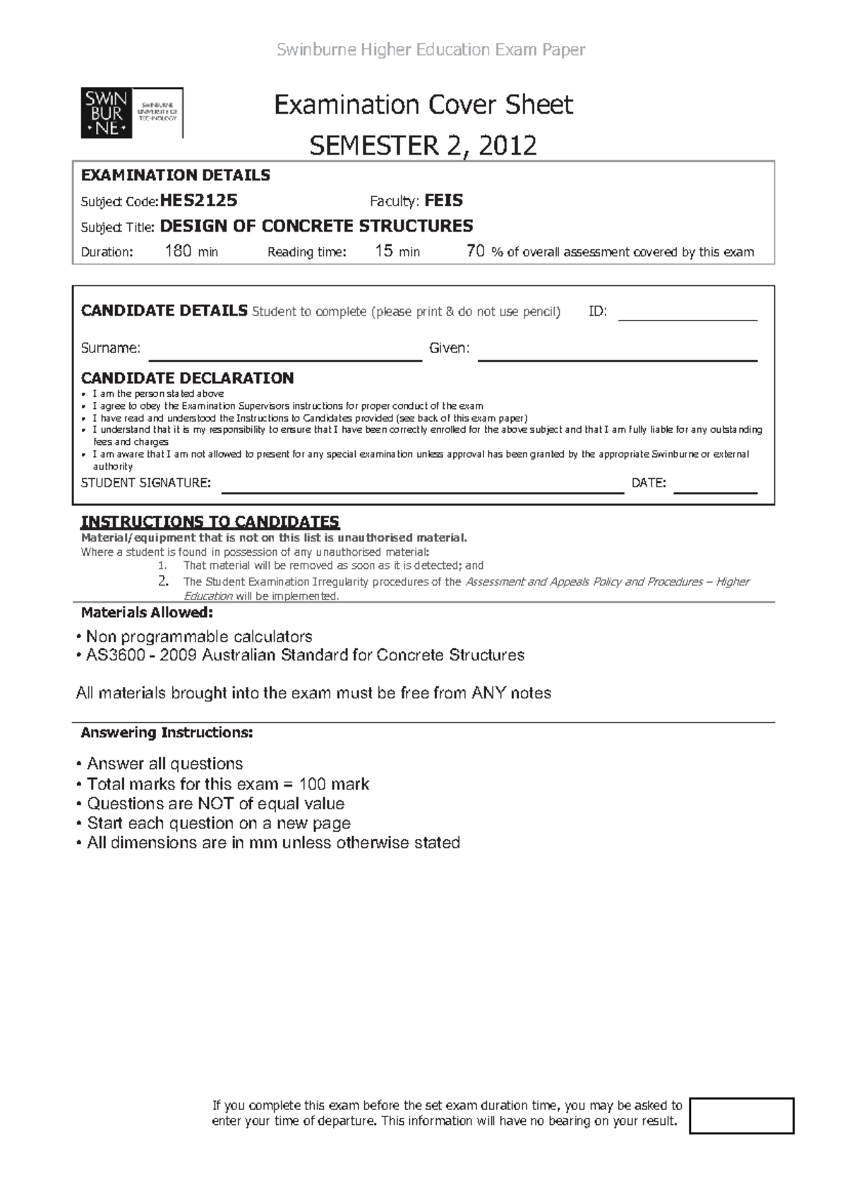 final exam practice papers - Swinburne Higher Education Exam Paper If ...