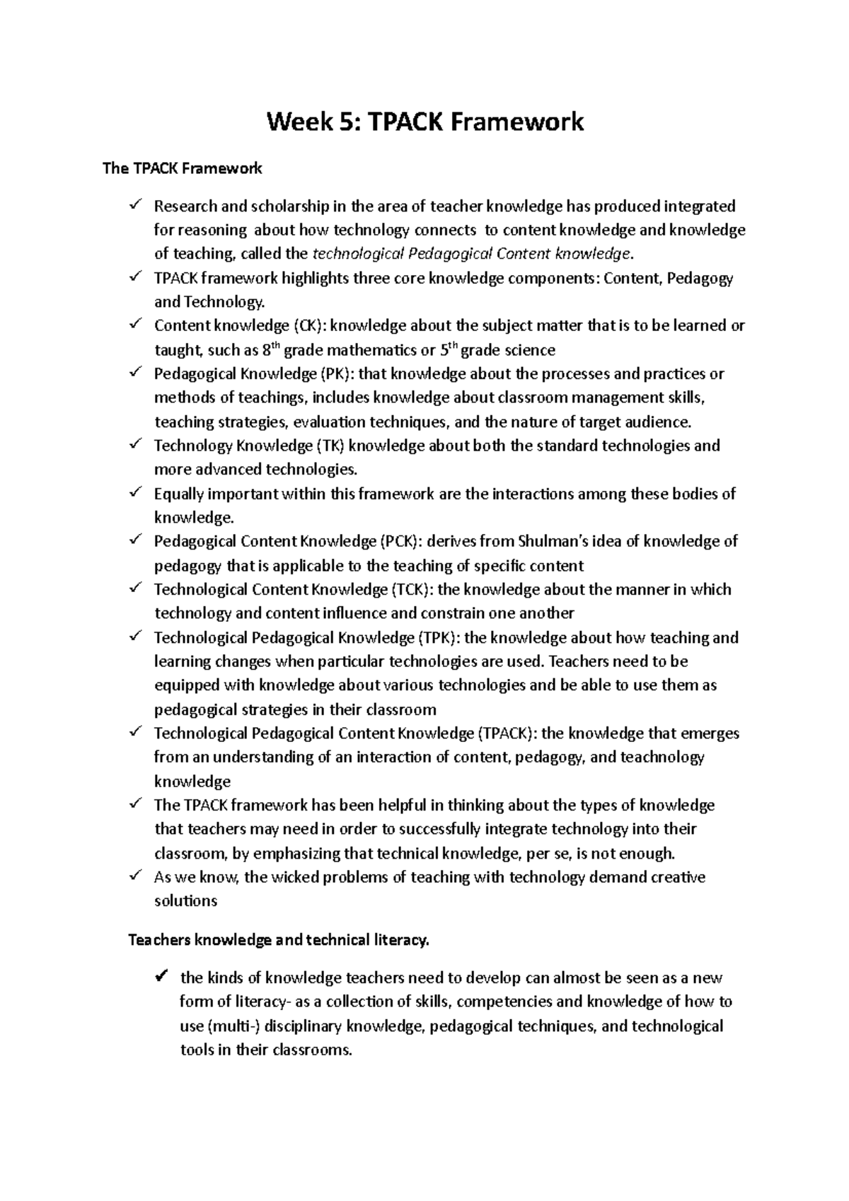 Tpack Framework notes - Week 5: TPACK Framework The TPACK Framework ...