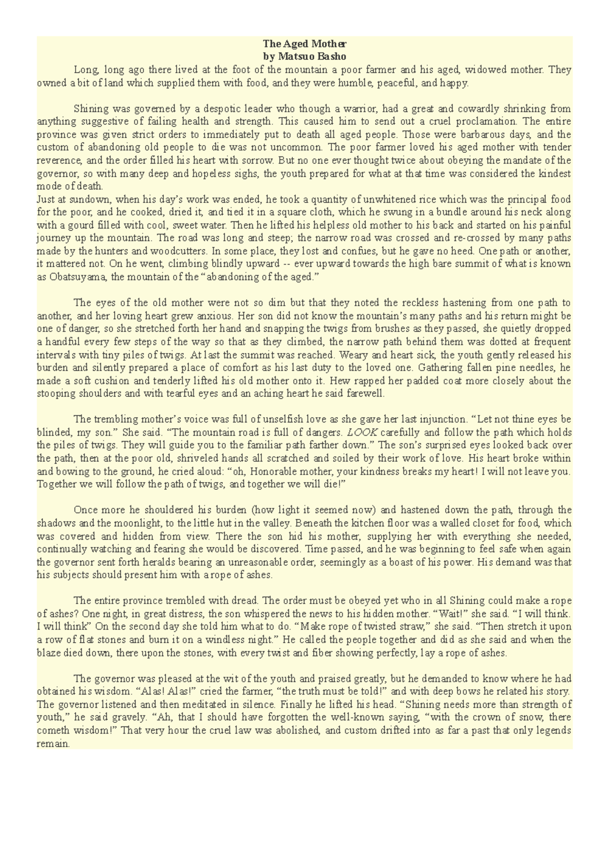 The Aged Mother - SHORT STORY - The Aged Mother by Matsuo Basho Long ...