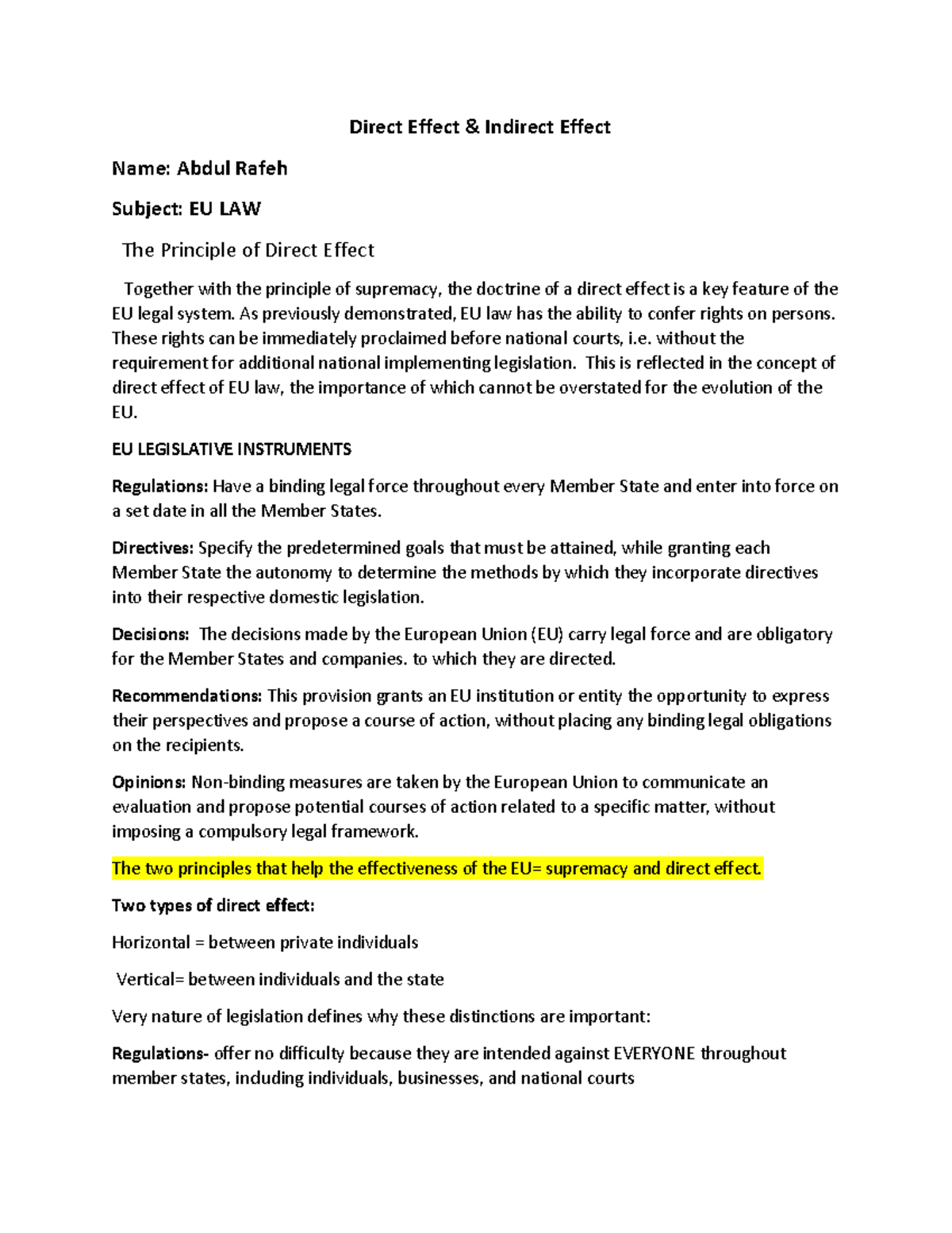 Direct Effect My Notes - Direct Effect & Indirect Effect Name: Abdul ...