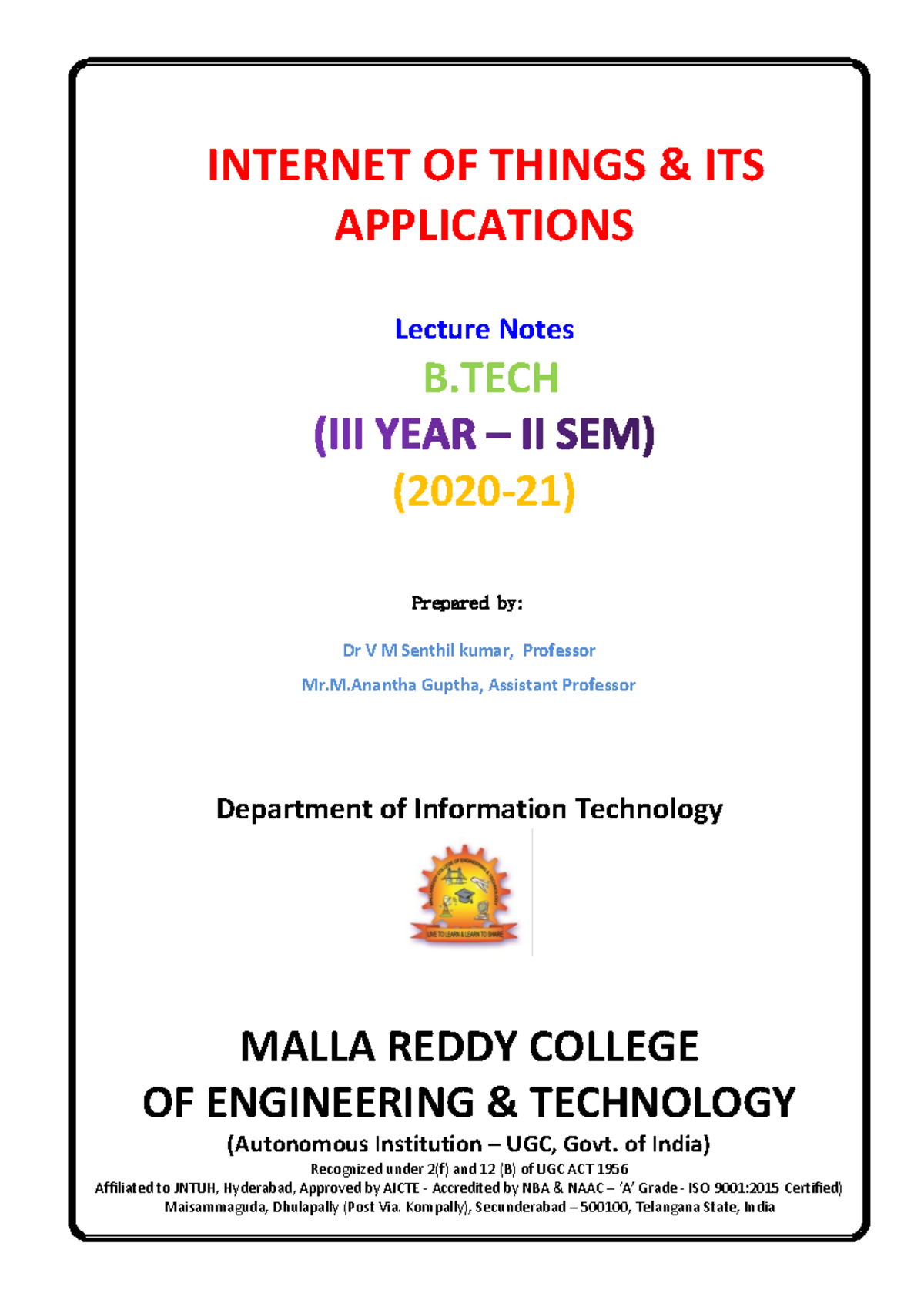 Io T & Applications Digital Notes - INTERNET OF THINGS & ITS ...