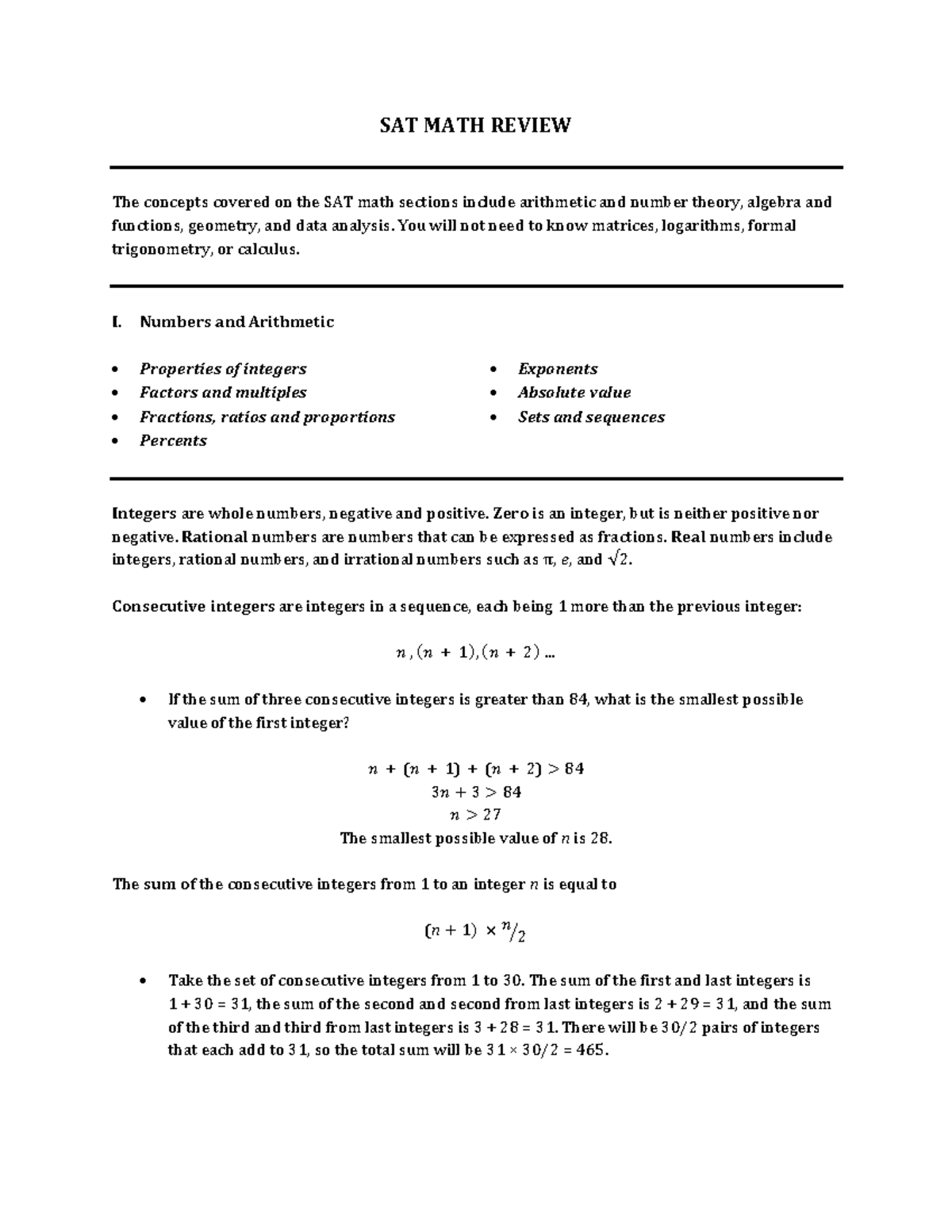 SAT Math Review - 'poak - SAT MATH REVIEW The concepts covered on the ...