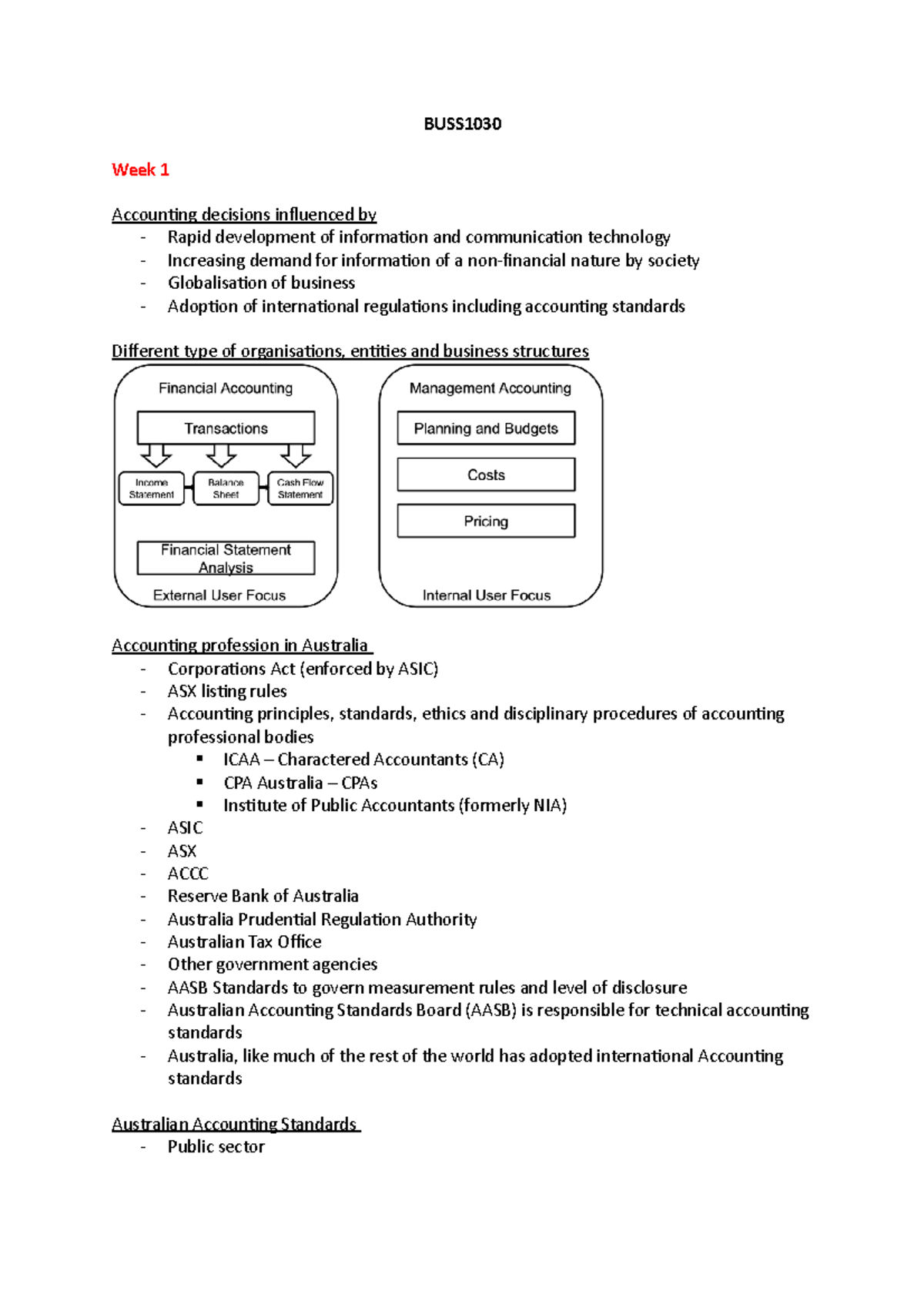 BUSS1030 - Lecture notes 1-13 - BUSS Week 1 Accounting decisions ...