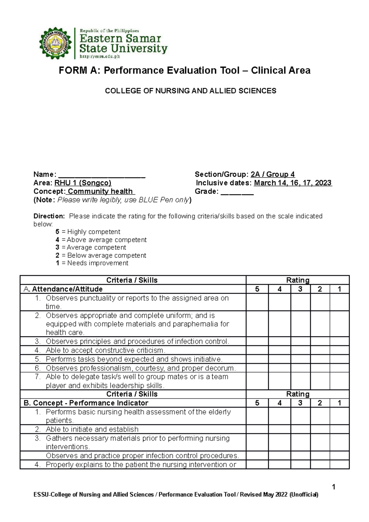 PET Perfromance Evaluation Tool Kkottongnae 1 1 1 - FORM A: Performance ...