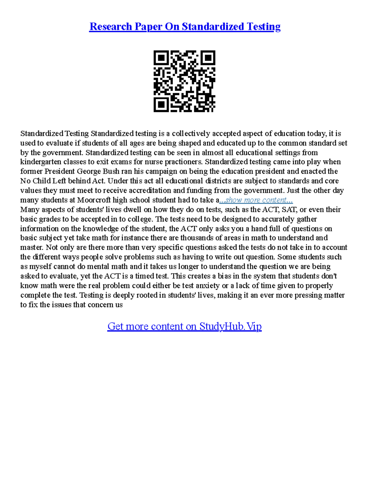 Standardized Testing Essay - Research Paper On Standardized Testing ...