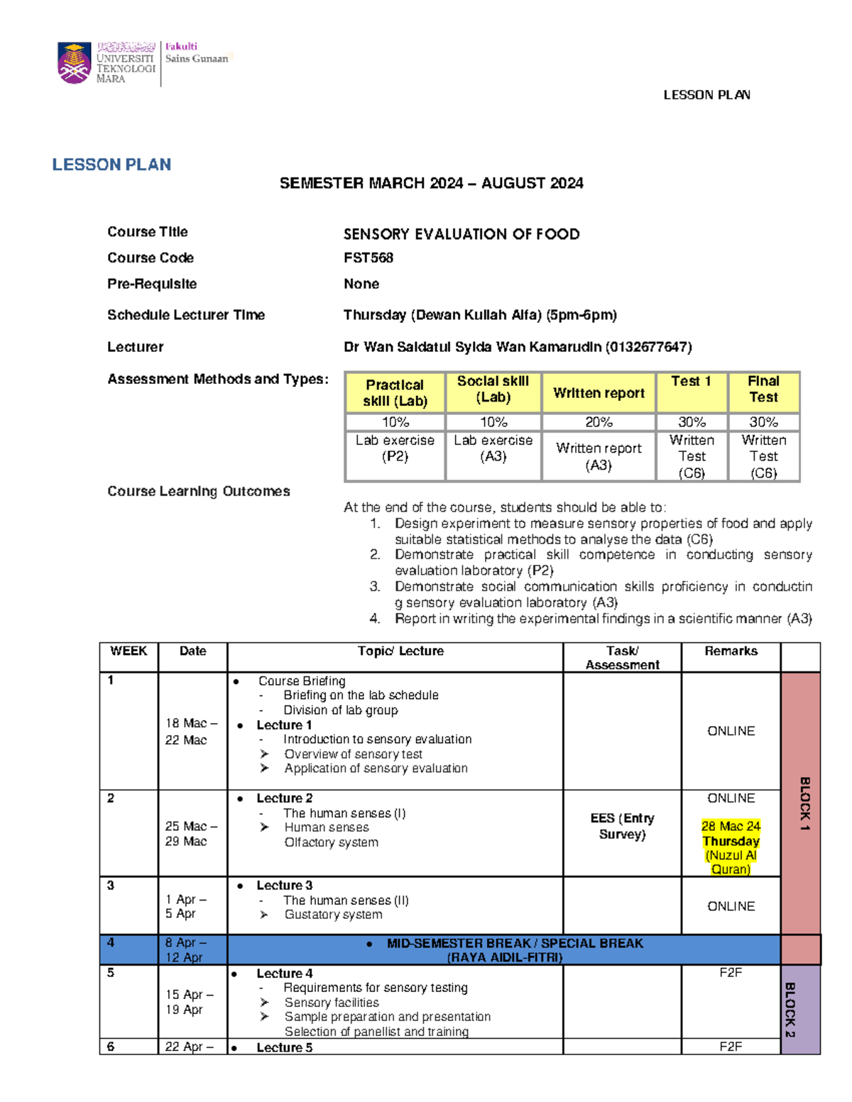 Lesson PLAN FST568 - SENSORY EVALUATION OF FOOD - LESSON PLAN SEMESTER ...