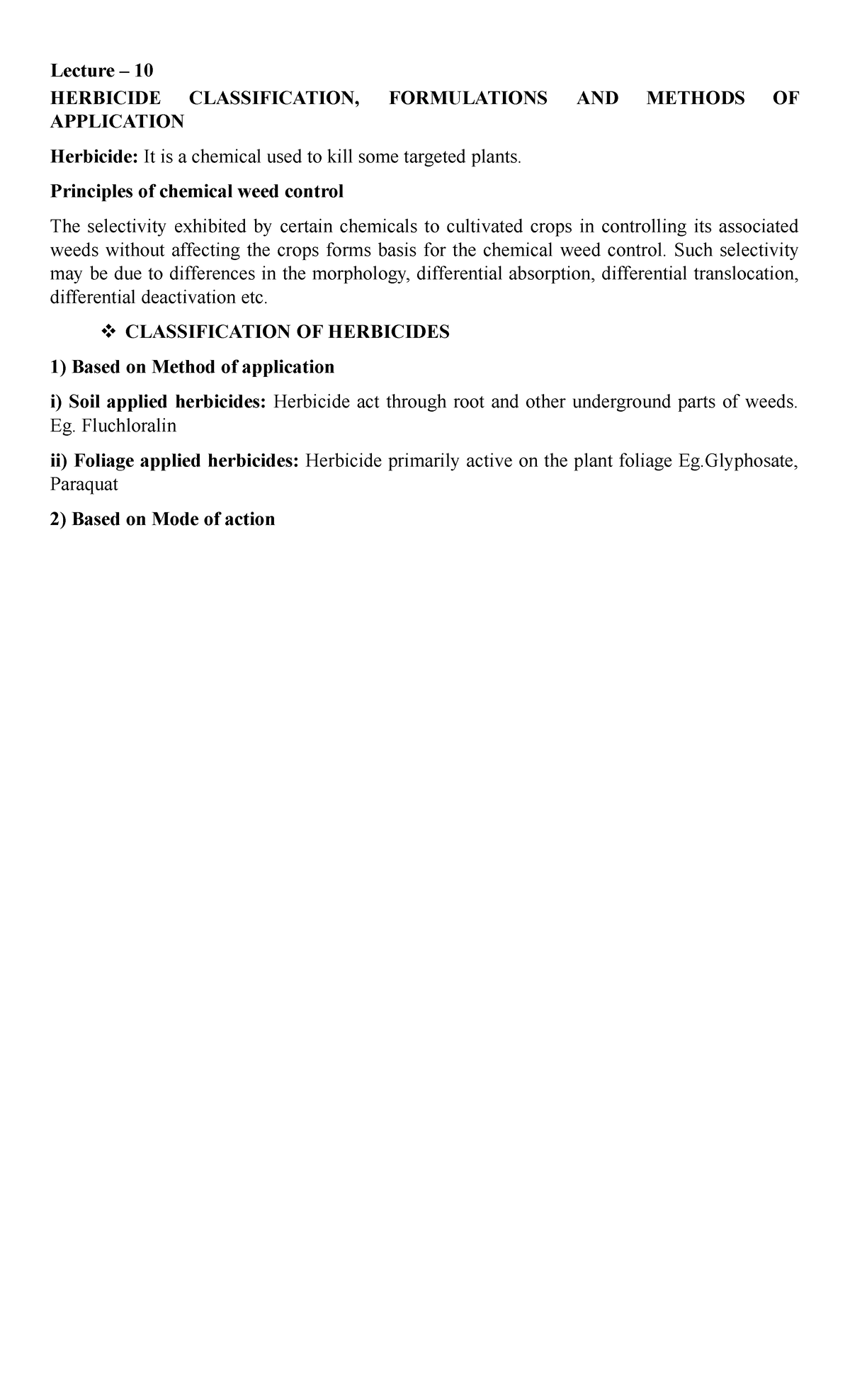 Lecture 10 - Herbicide Classification, Formulations AND Methods OF ...