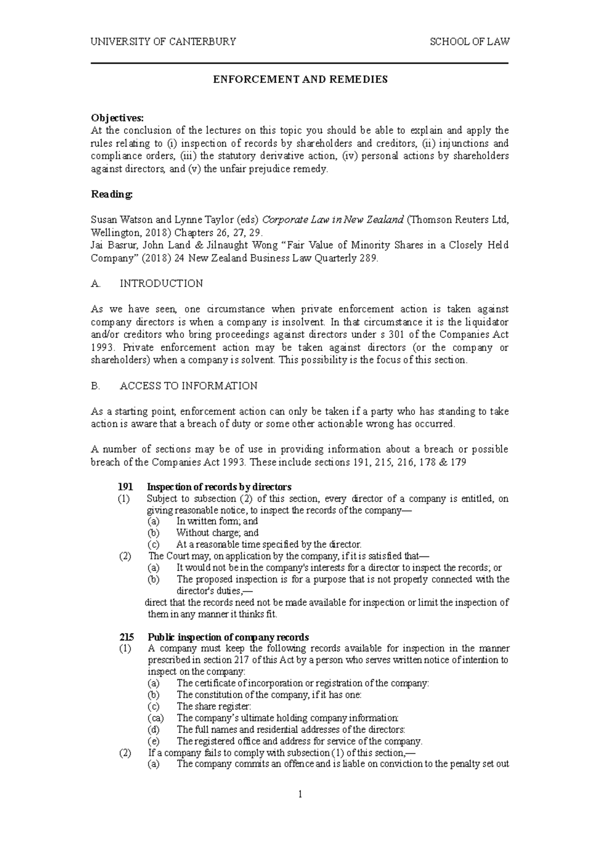 Enforcement handout - ENFORCEMENT AND REMEDIES Objectives: At the ...