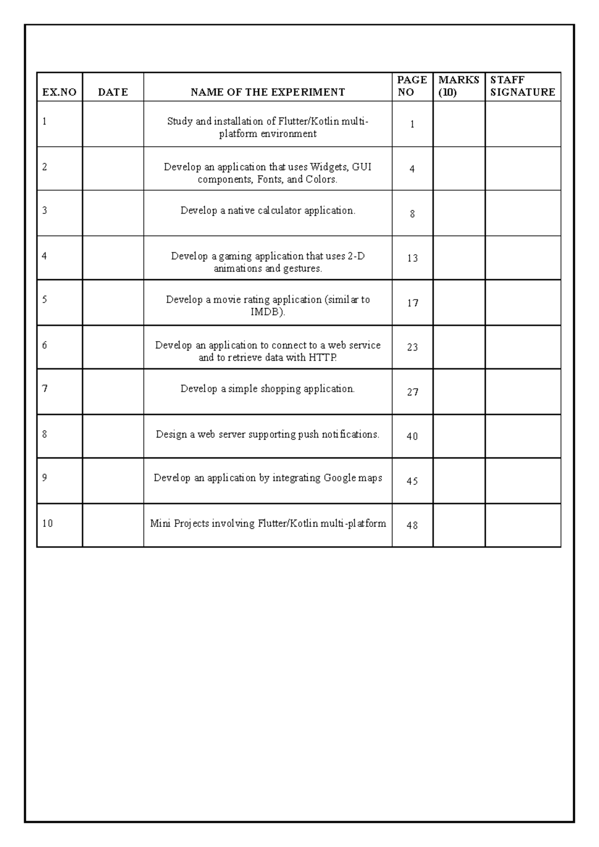 MAD lab manual - EX DATE NAME OF THE EXPERIMENT PAGE NO MARKS (10) STAFF SIGNATURE 1 Study and ...