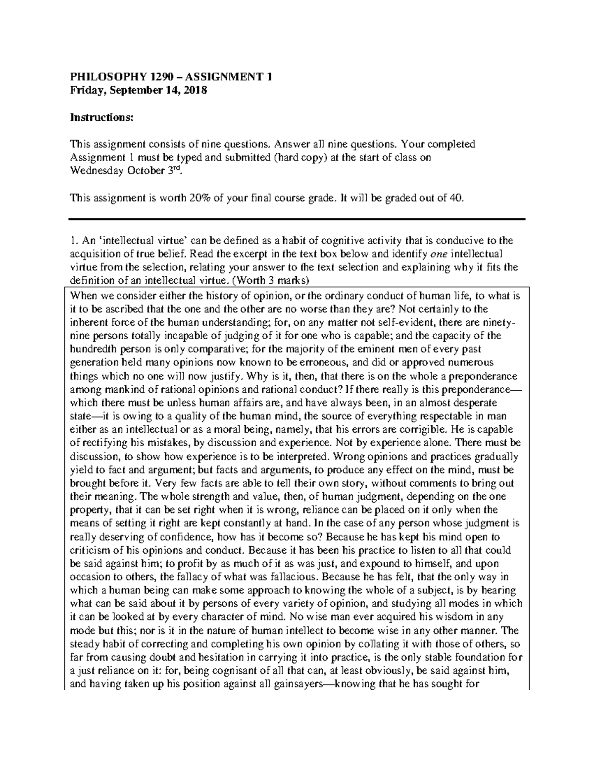 PHIL 1290 Assignment 1 fall18 - PHILOSOPHY 1290 ASSIGNMENT 1 Friday ...