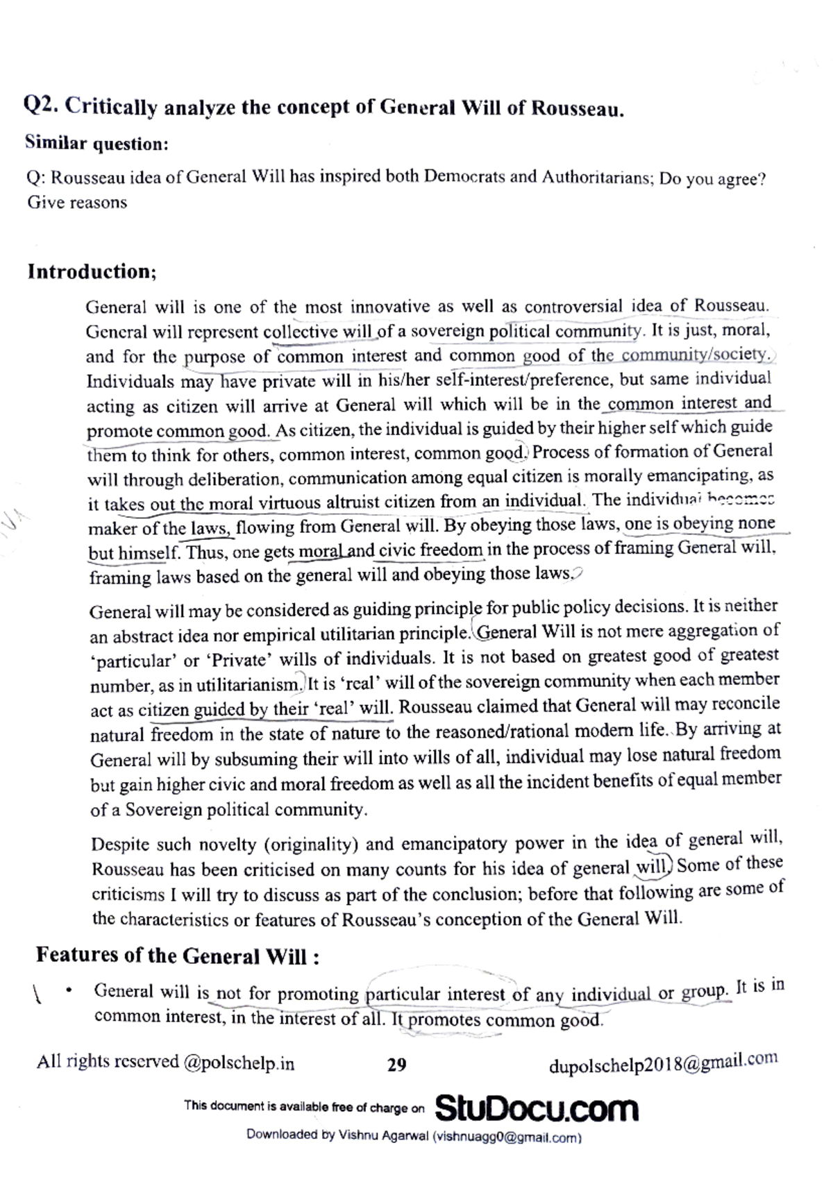 Rousseau's General will - Q2 analyze the concept of General Will of ...