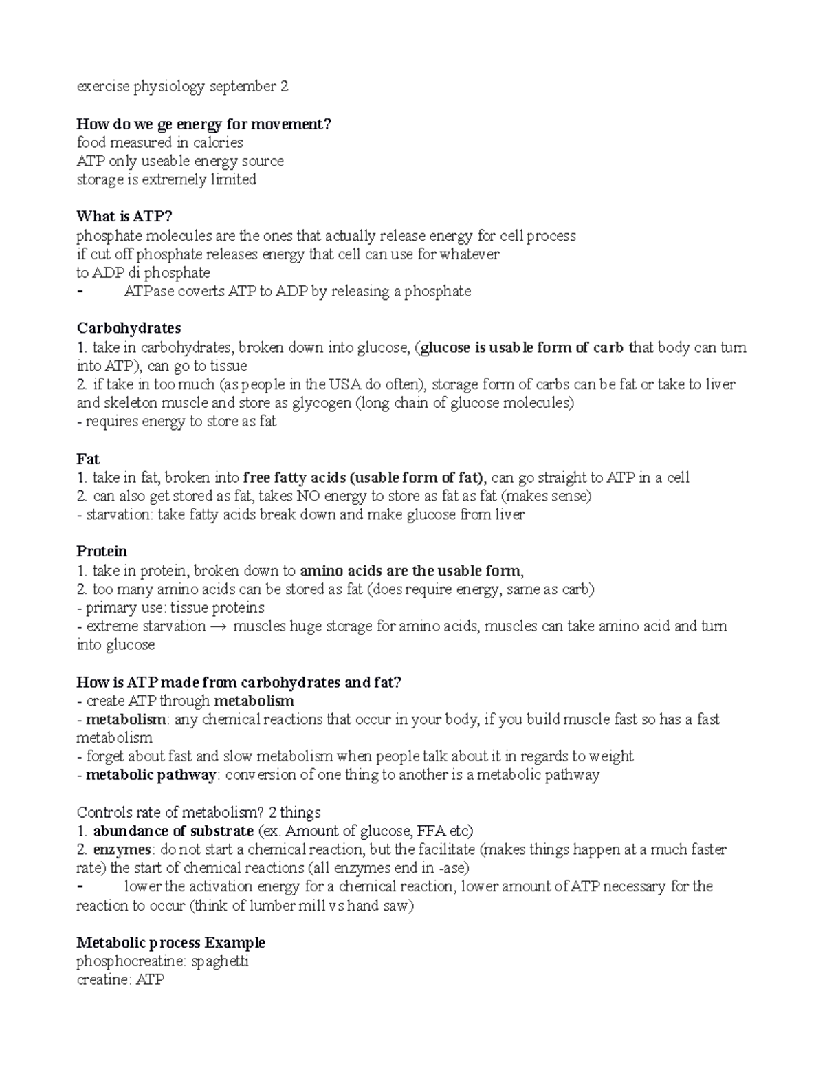 Sep 2 notes - exercise physiology september 2 How do we ge energy for ...