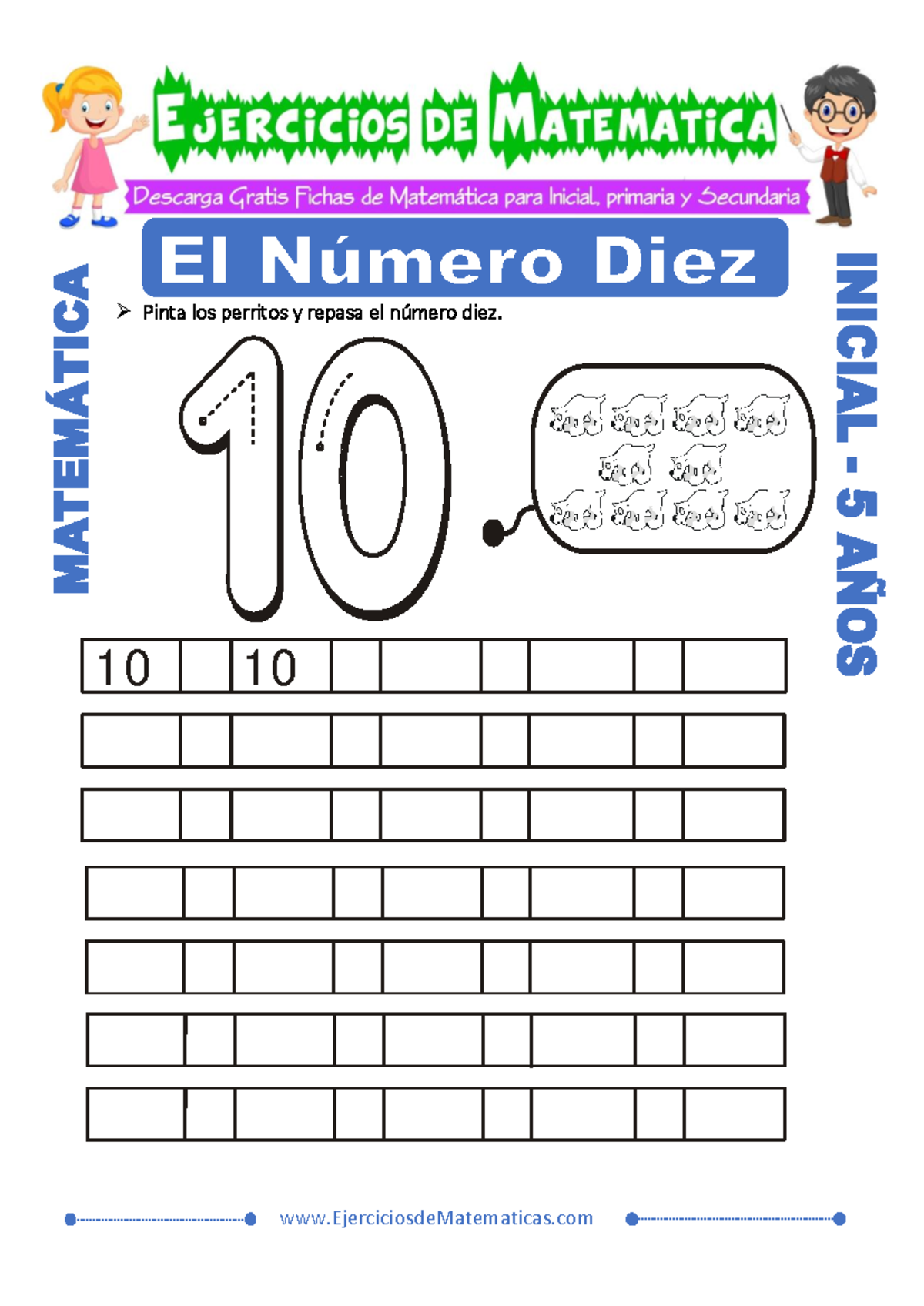 Ejercicios de El Número Diez para Niños de 5 Años - Pinta los perritos ...