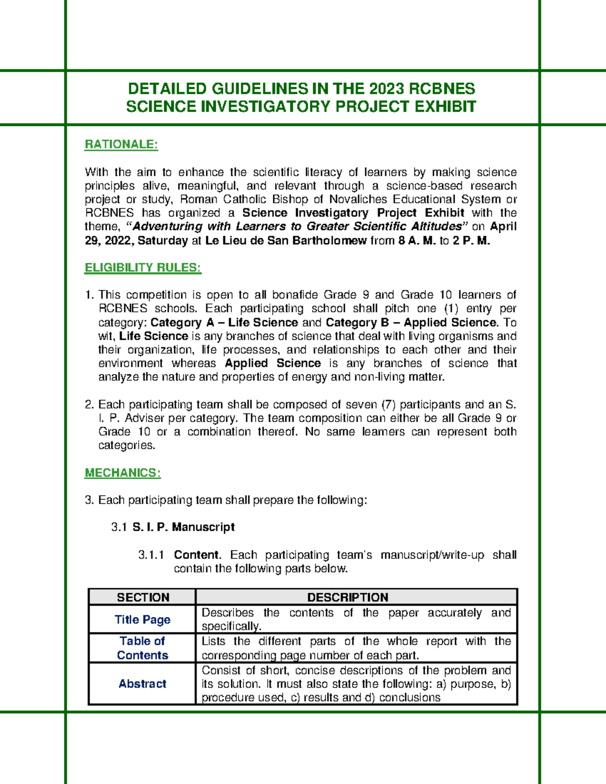 SIP-Competition-Mechanics - SCIENCE INVESTIGATORY PROJECT EXHIBIT ...