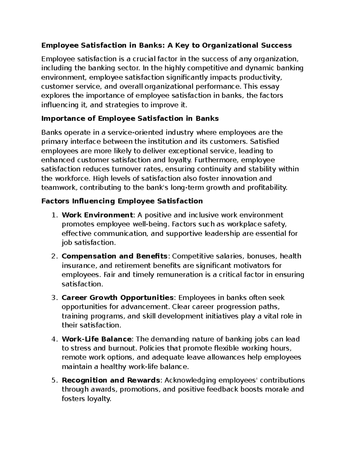 Employee Satisfaction in Banks - In the highly competitive and dynamic ...