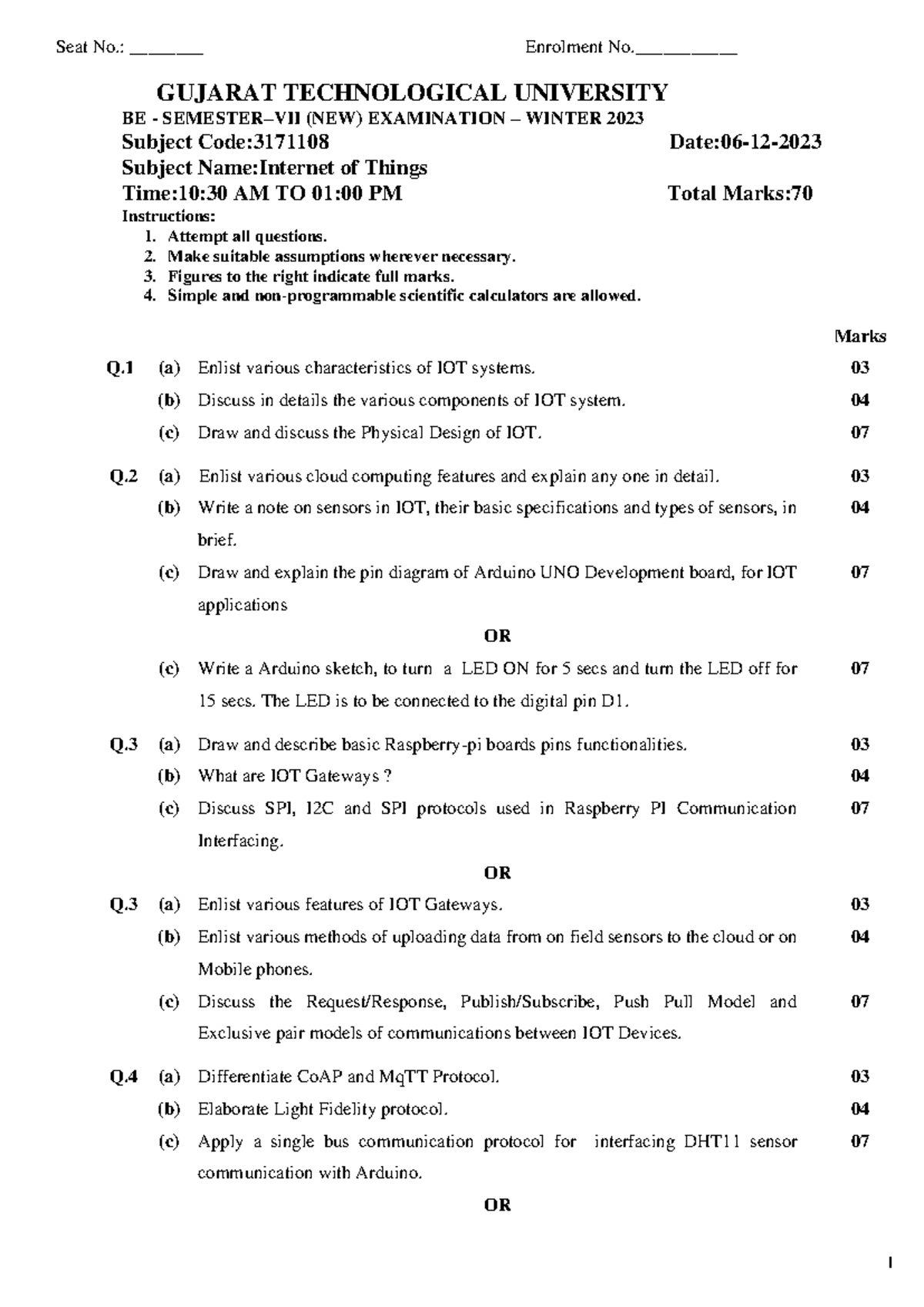 IOT -Winter 2023 - PYQ - 1 Seat No.: ________ Enrolment No ...