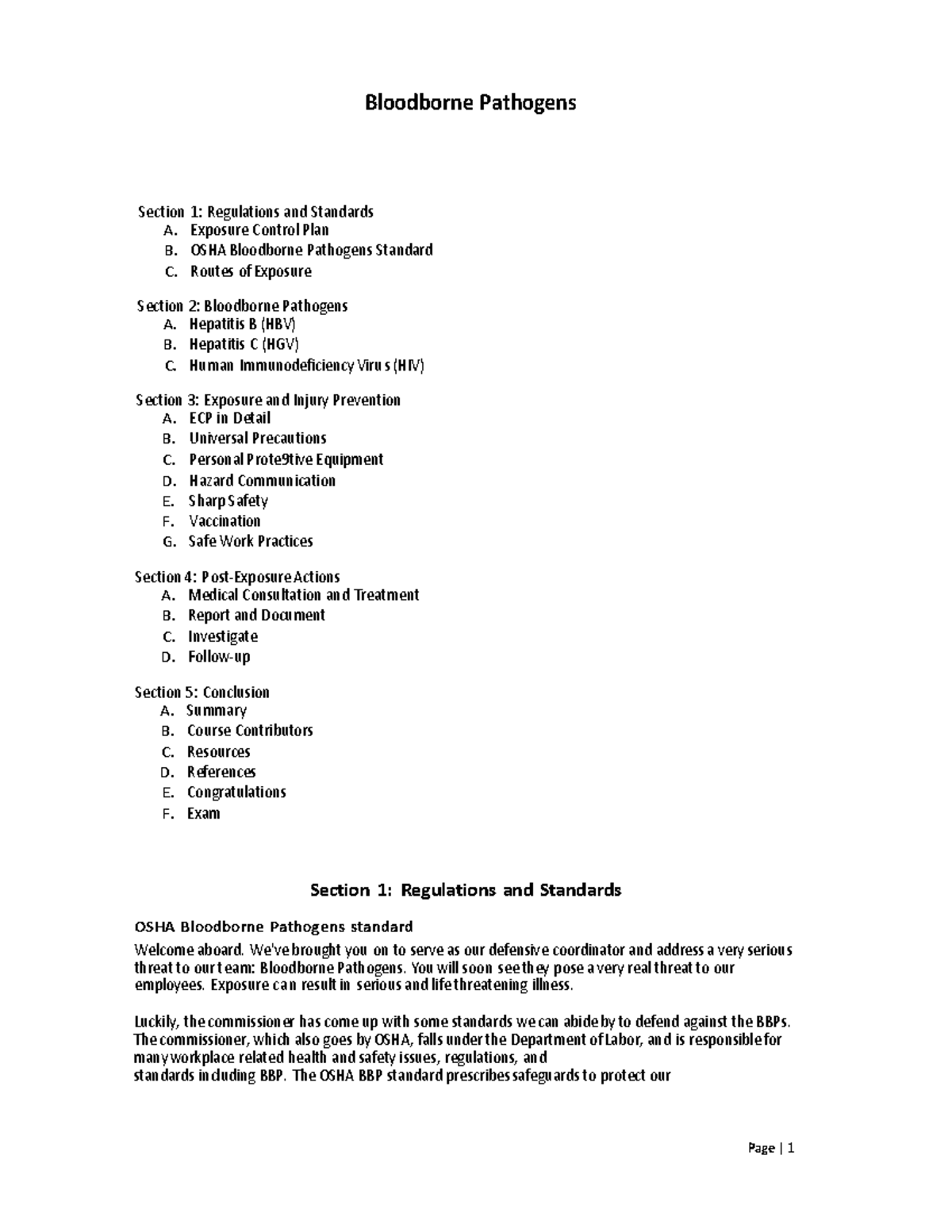 Bloodborne Pathogens Review - Section 1: Regulations and Standards A ...