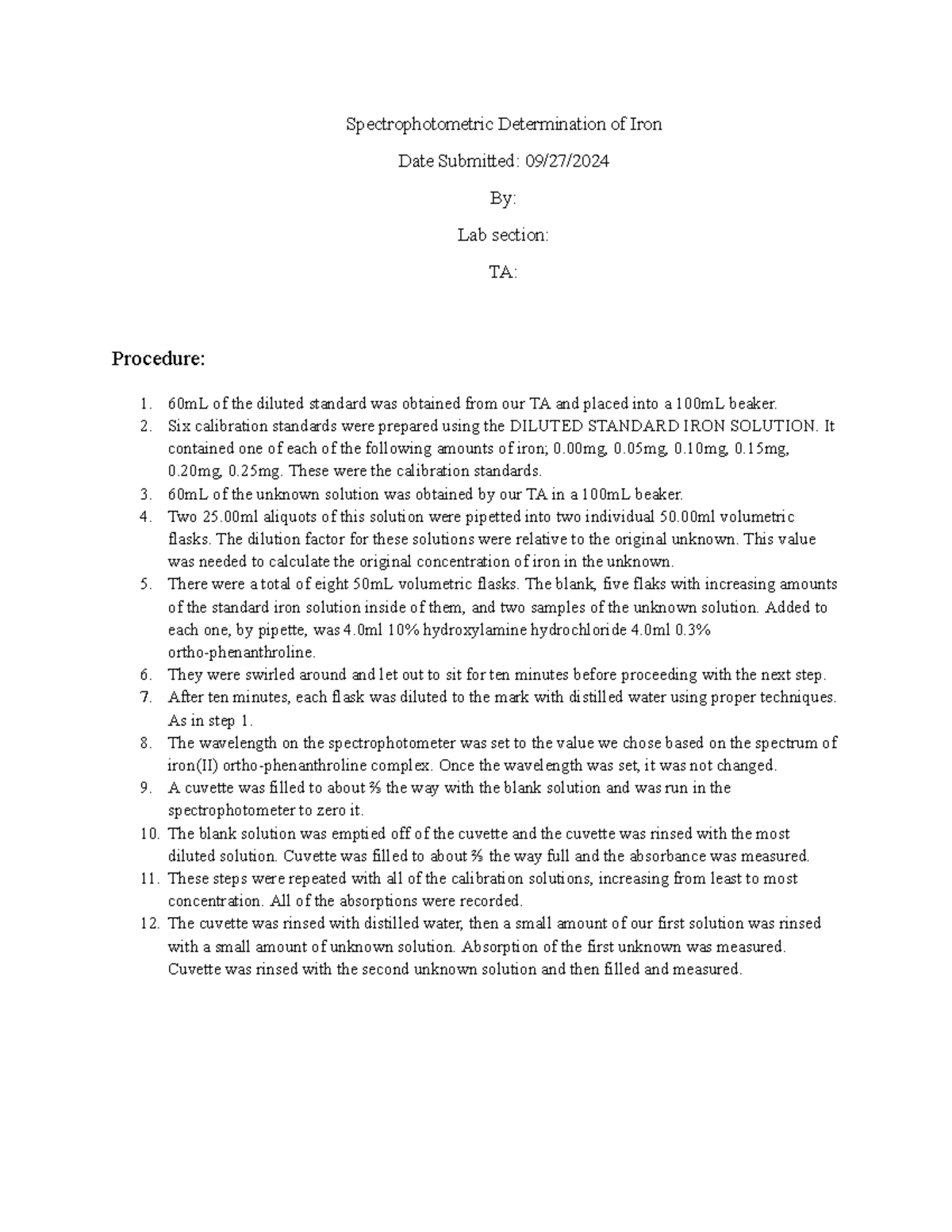 Fe post lab report - Spectrophotometric Determination of Iron Date ...