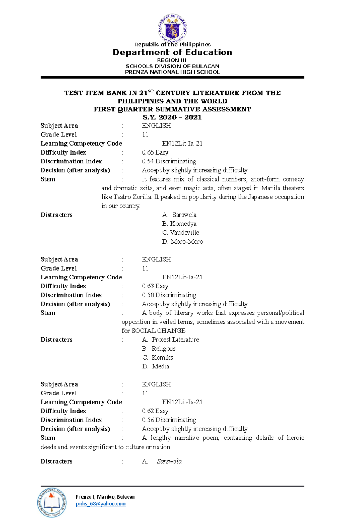 Item bank - sample test questions for senior high school - 21st ...