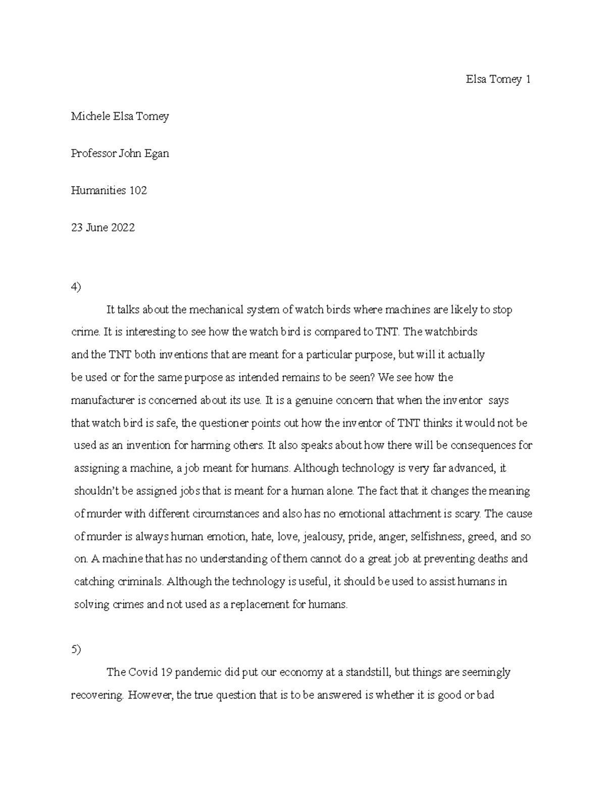 Exit Writing - Elsa Tomey 1 Michele Elsa Tomey Professor John Egan ...