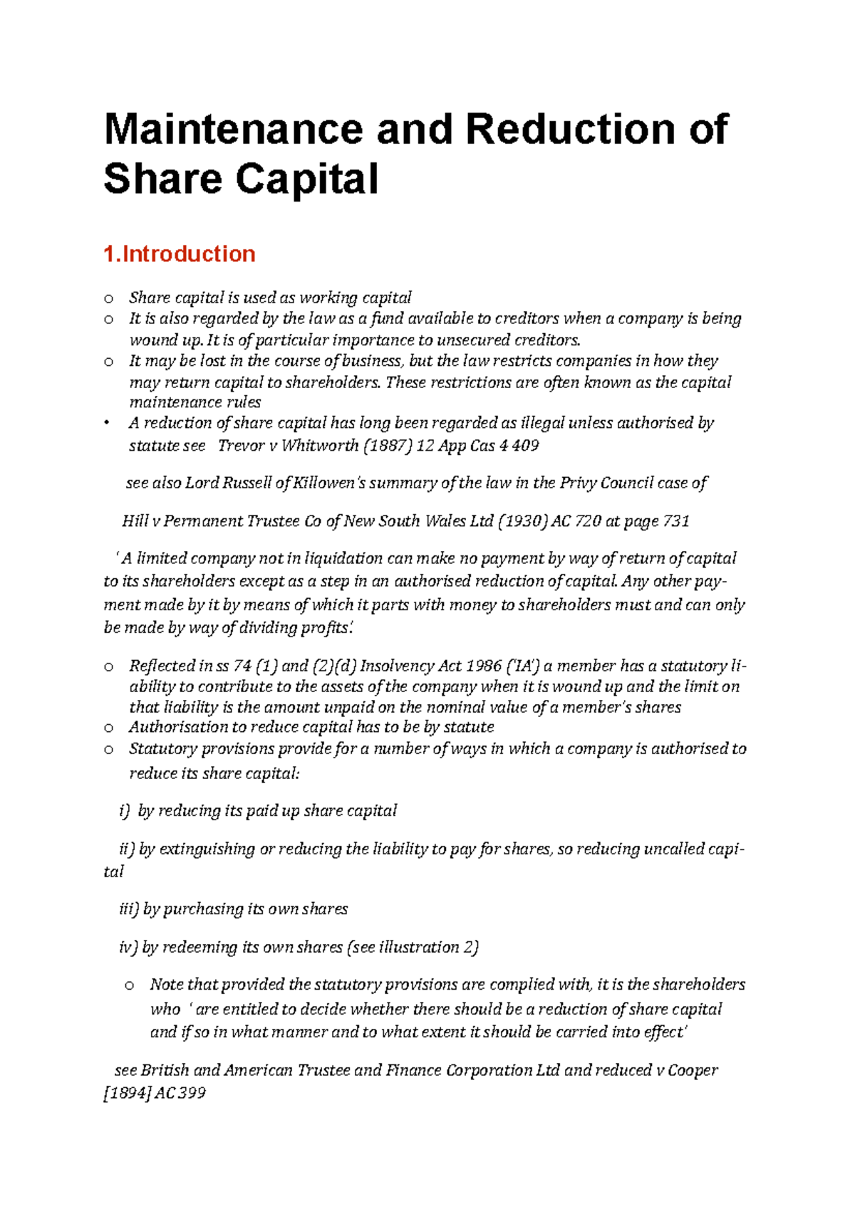 Maintenance and Reduction of Share Capital - Maintenance and Reduction ...