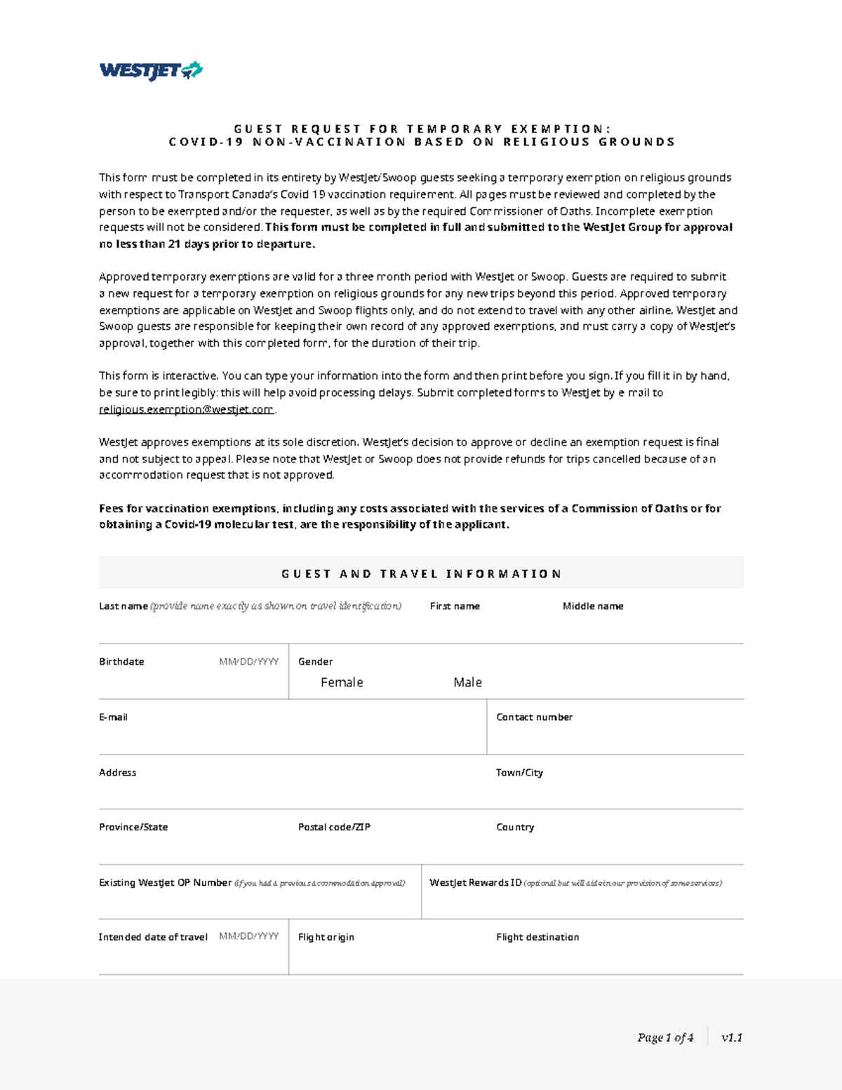 West Jet Religious Exemption-form EN - This form must be completed in ...
