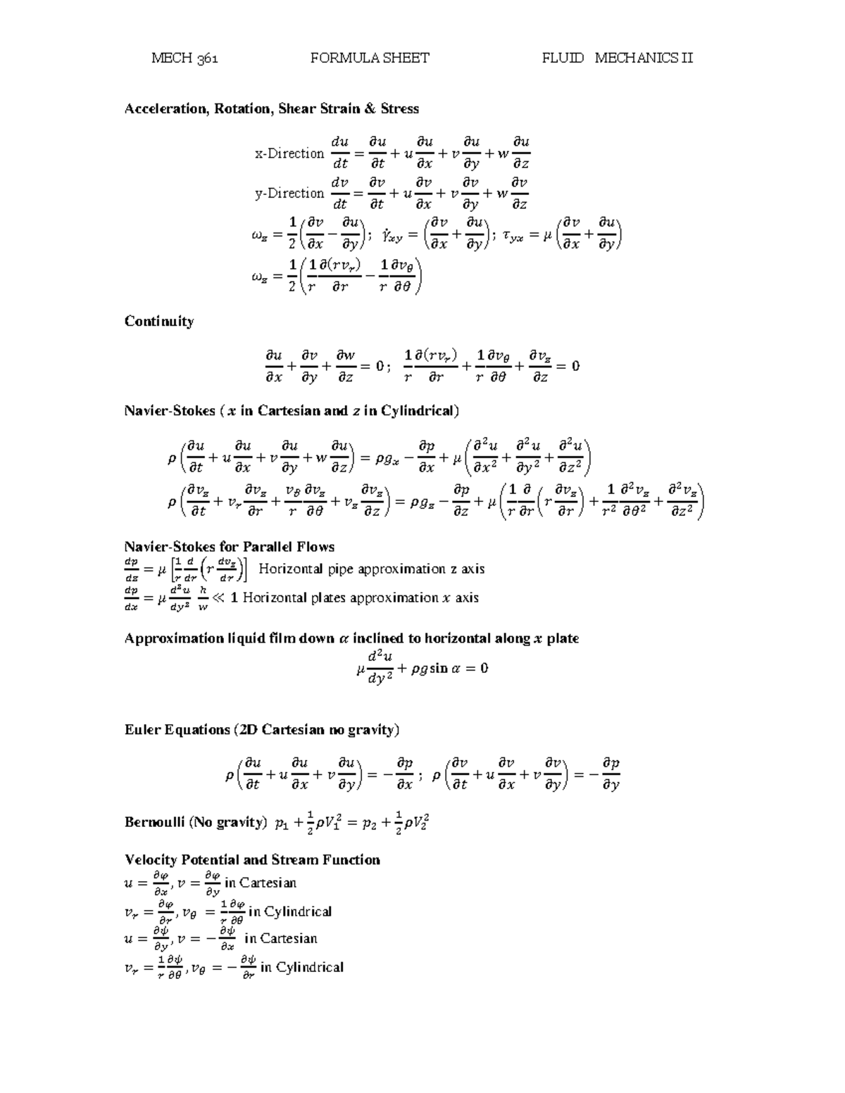 Formula Sheet - Fluid Mechanics II - MECH 361 FORMULA SHEET FLUID MECHANICS II Acceleration ...
