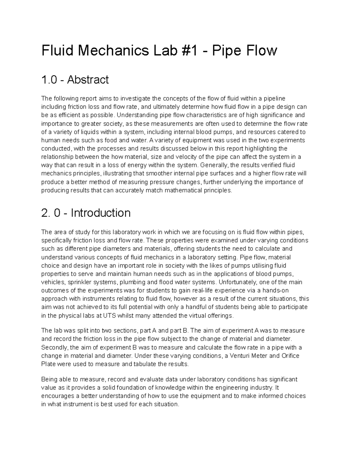 FM - Lab Report 1 - Fluid Mechanics Lab #1 - Pipe Flow 1 - Abstract The ...