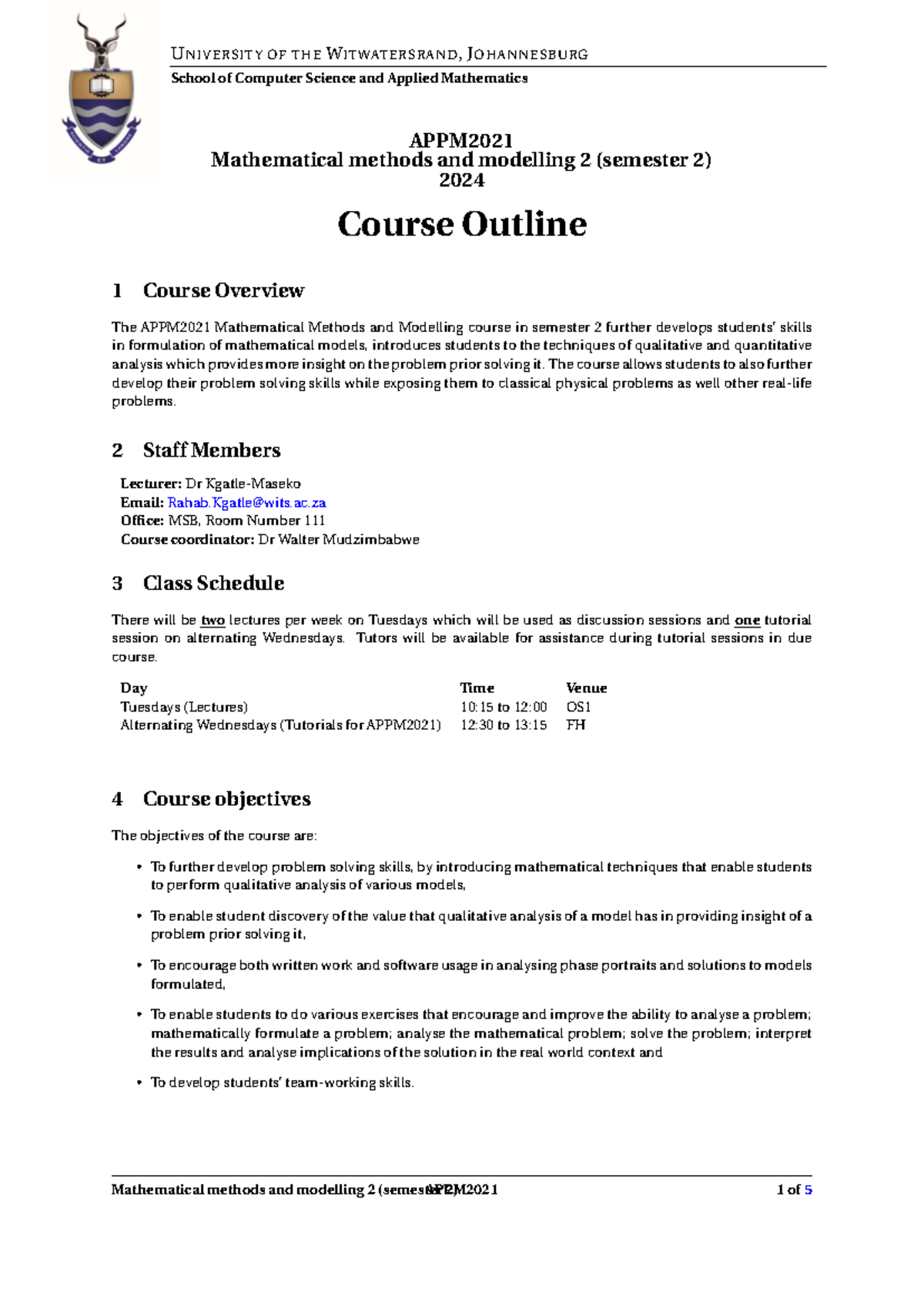 Course outline 2024 - UNIVERSITY OF THE WITWATERSRAND, JOHANNESBURG School of Computer Science ...