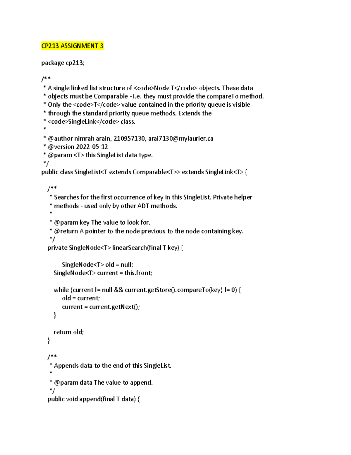 Cp213 Single List Java Cp213 Assignment 3 Package Cp213 A