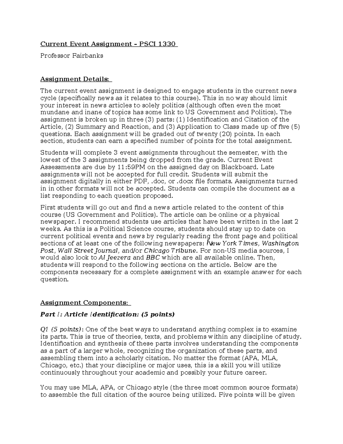 Current Event Assigment Sheet and Example - Current Event Assignment ...