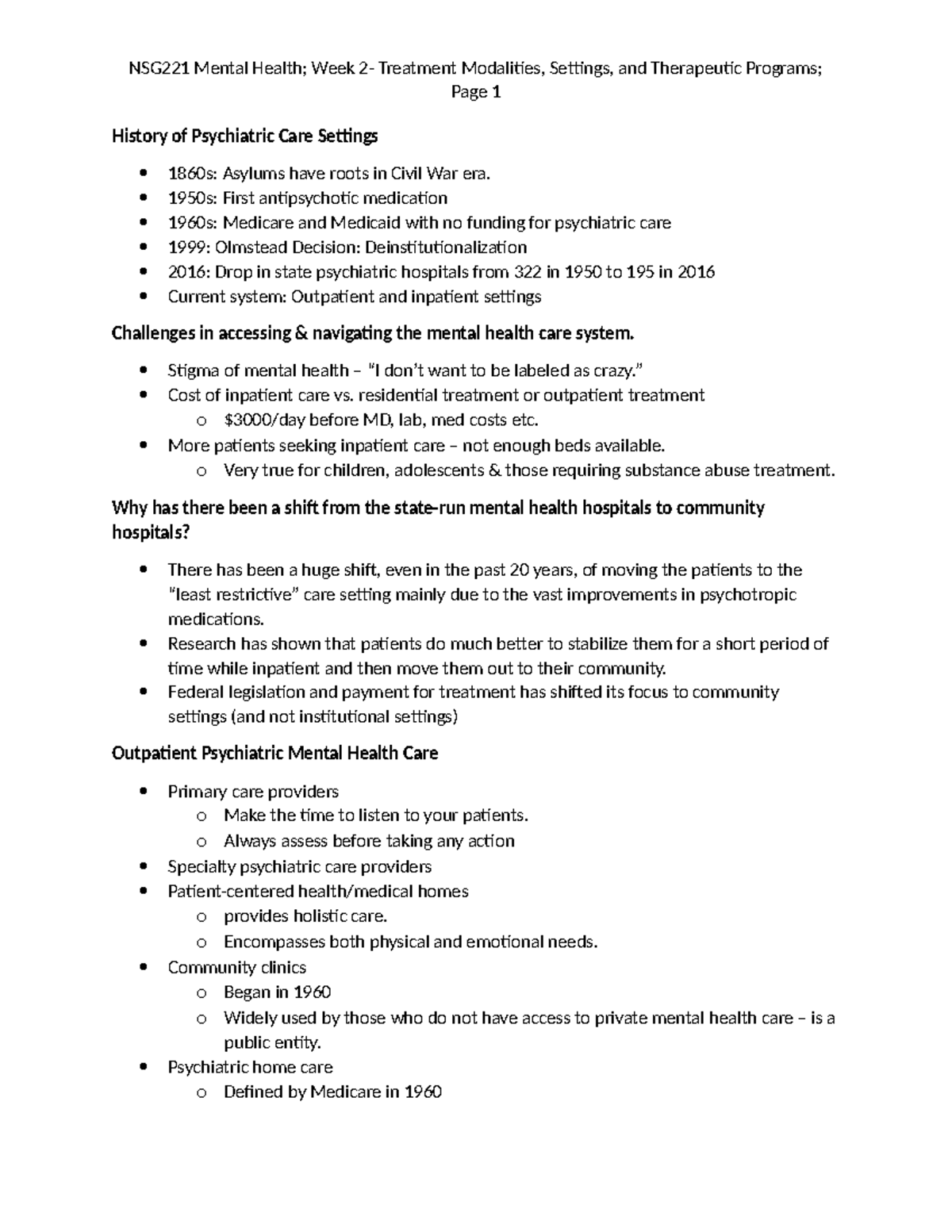 NSG221 Mental Health; Week 2- Treatment Modalities, Settings, and ...