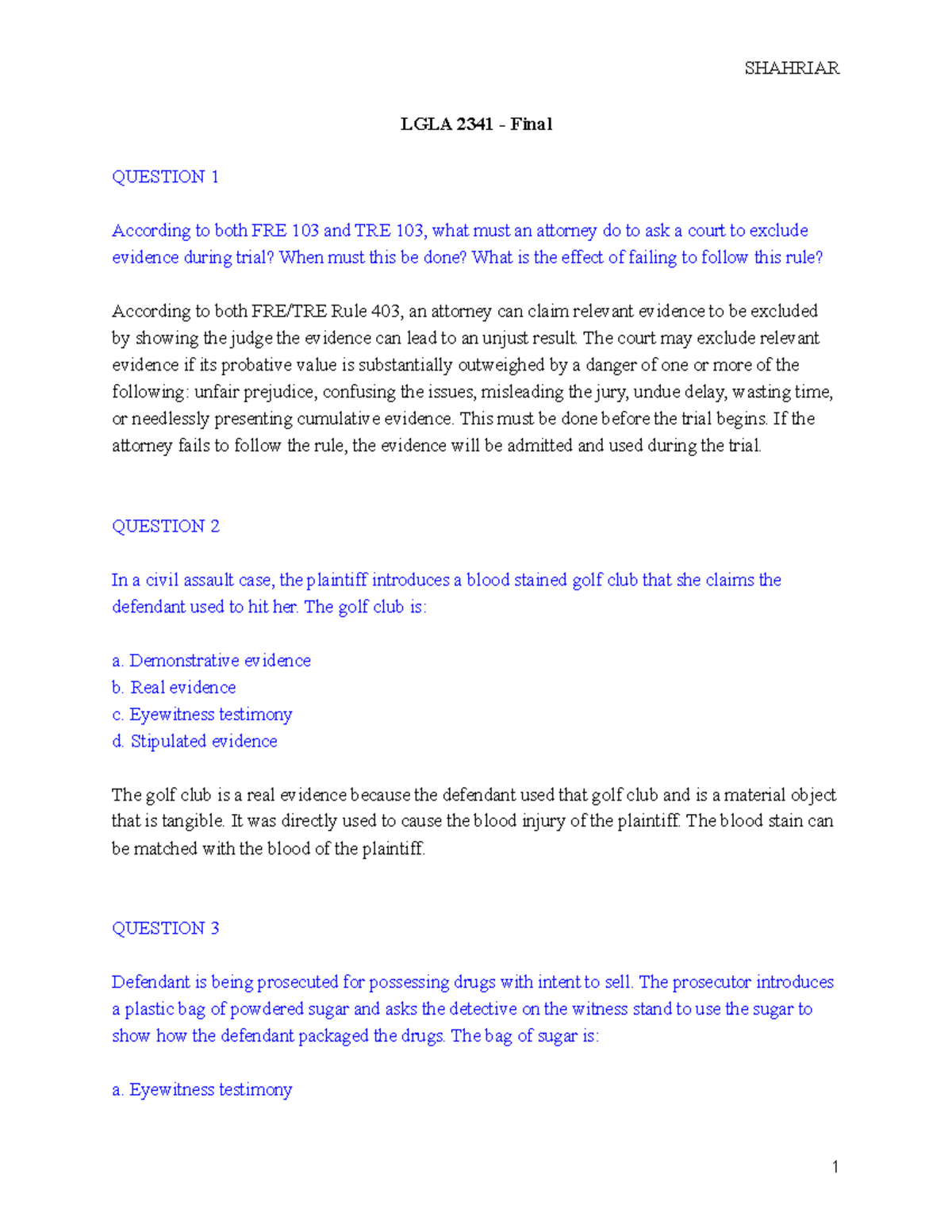 LGLA 2341 - Final - LGLA 2341 - Final QUESTION 1 According to both FRE ...