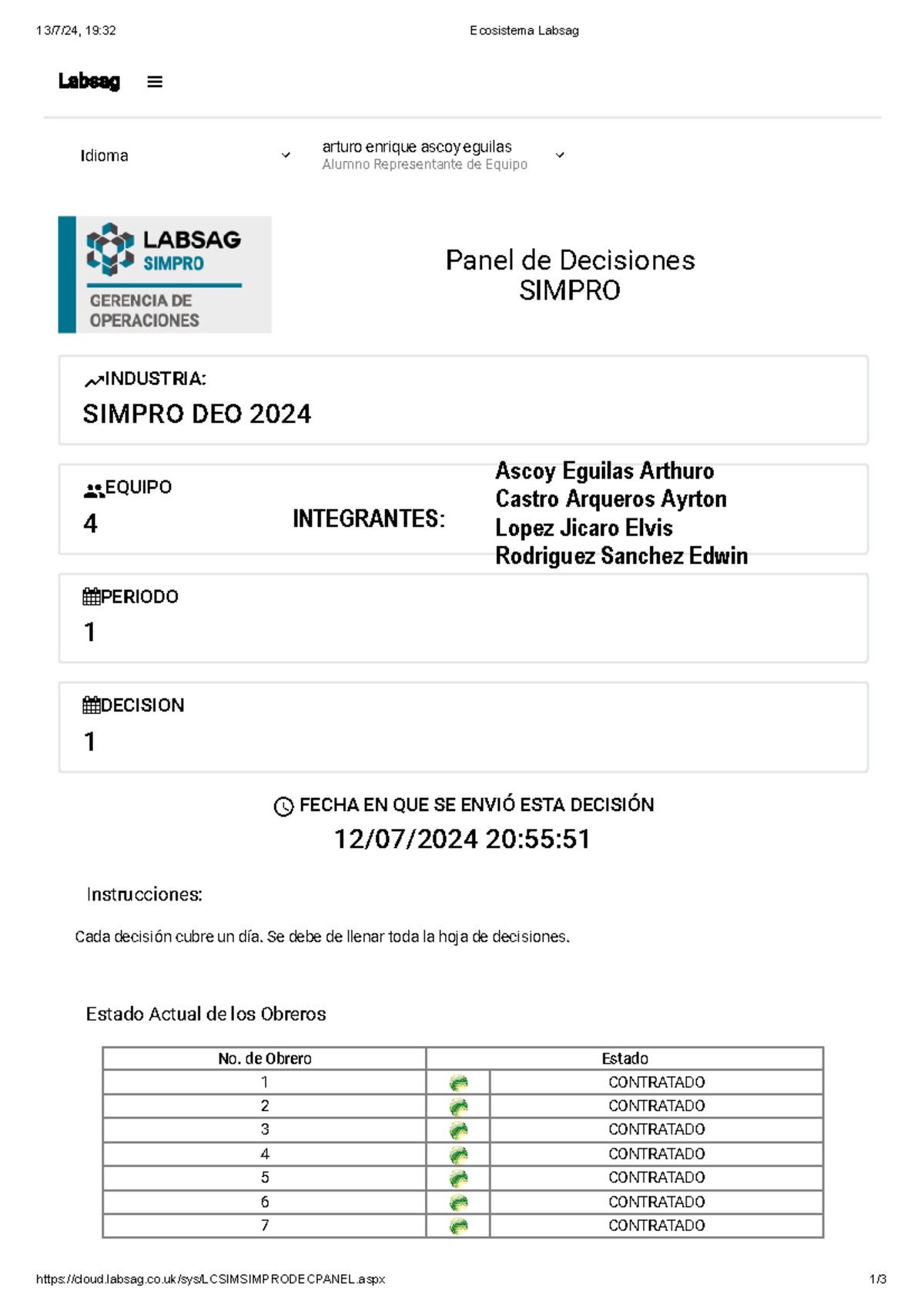 Simpro- Decision 1 - Panel de Decisiones SIMPRO INDUSTRIA: SIMPRO DEO 2024 EQUIPO 4 PERIODO 1 ...