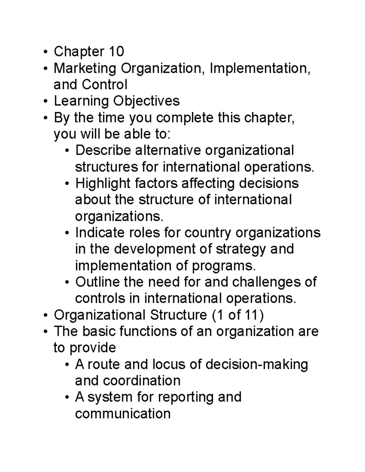 Marketing Organization, Implementation, and Control - Chapter 10 ...