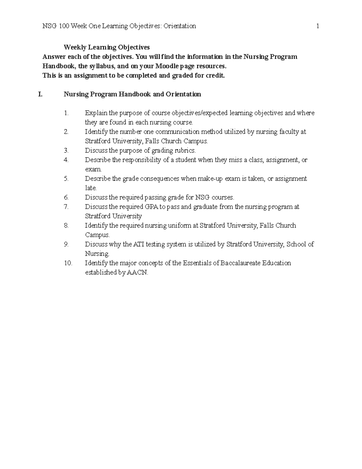 NSG100 Week 1 objectives-1-2 - NSG 100 Week One Learning Objectives ...