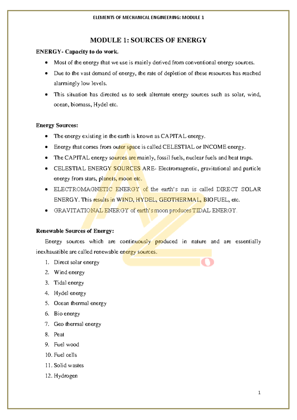 BESCK104D Mod1@Az Documents - MODULE 1: SOURCES OF ENERGY ENERGY- Capacity to do work. - Most of ...