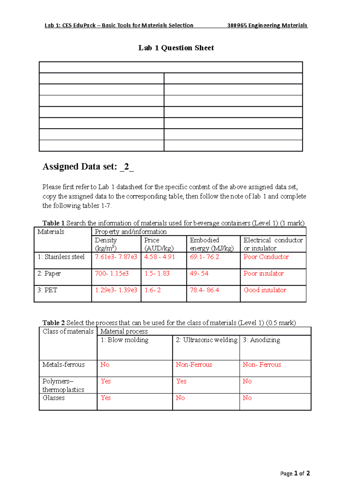 Lab 1 answers Materials - Lab 1: CES EduPack – Basic Tools for ...