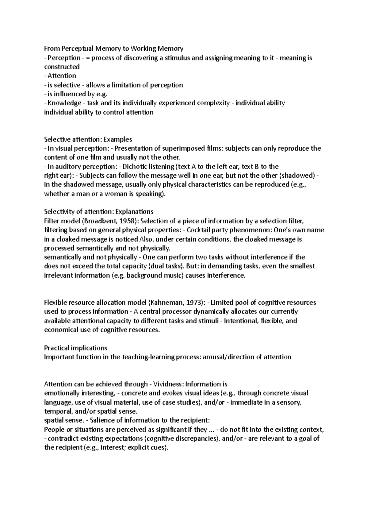From Perceptual Memory To Working Memory From Perceptual Memory To Working Memory Perception