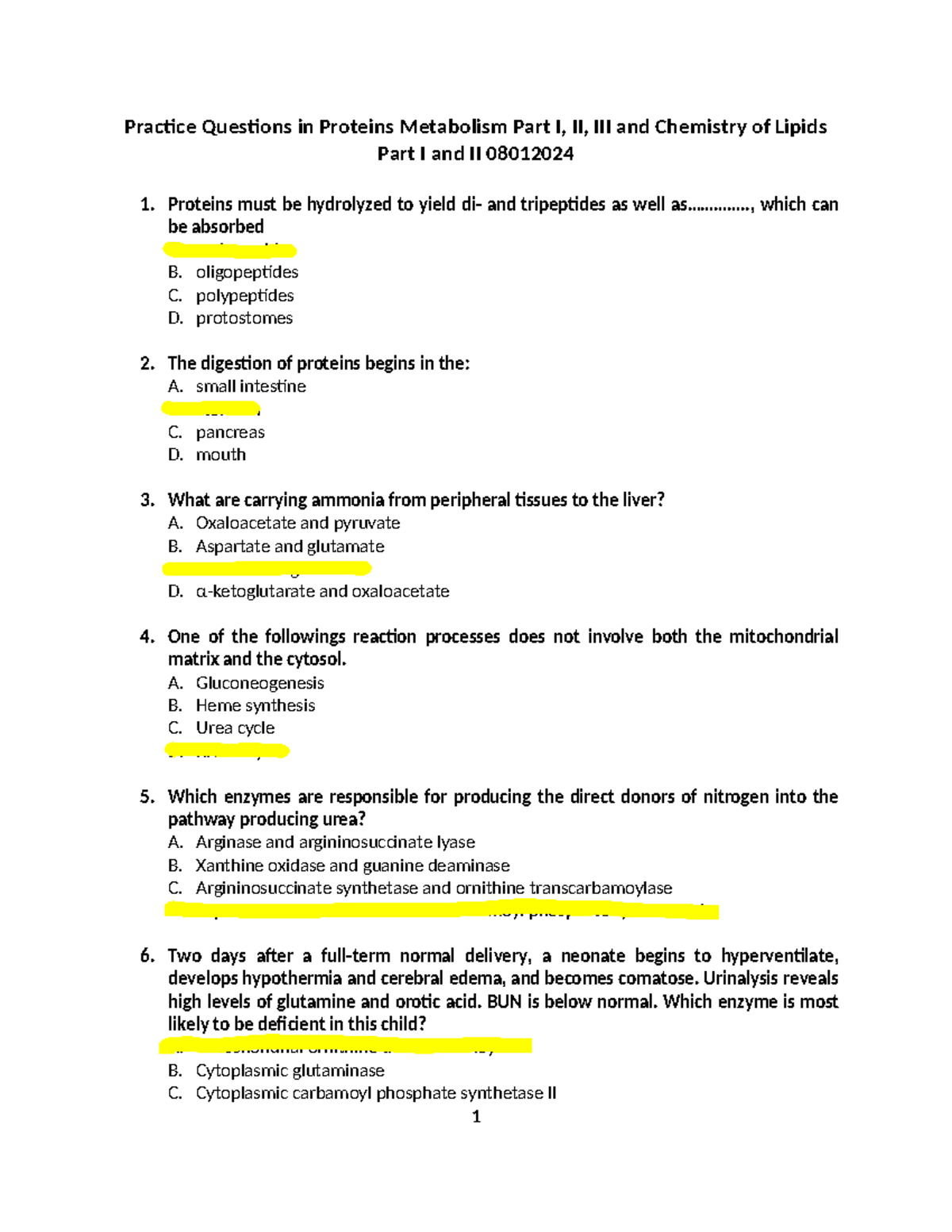 Practice Questions in Protein Metabolism & Chemistry of Lipids ...