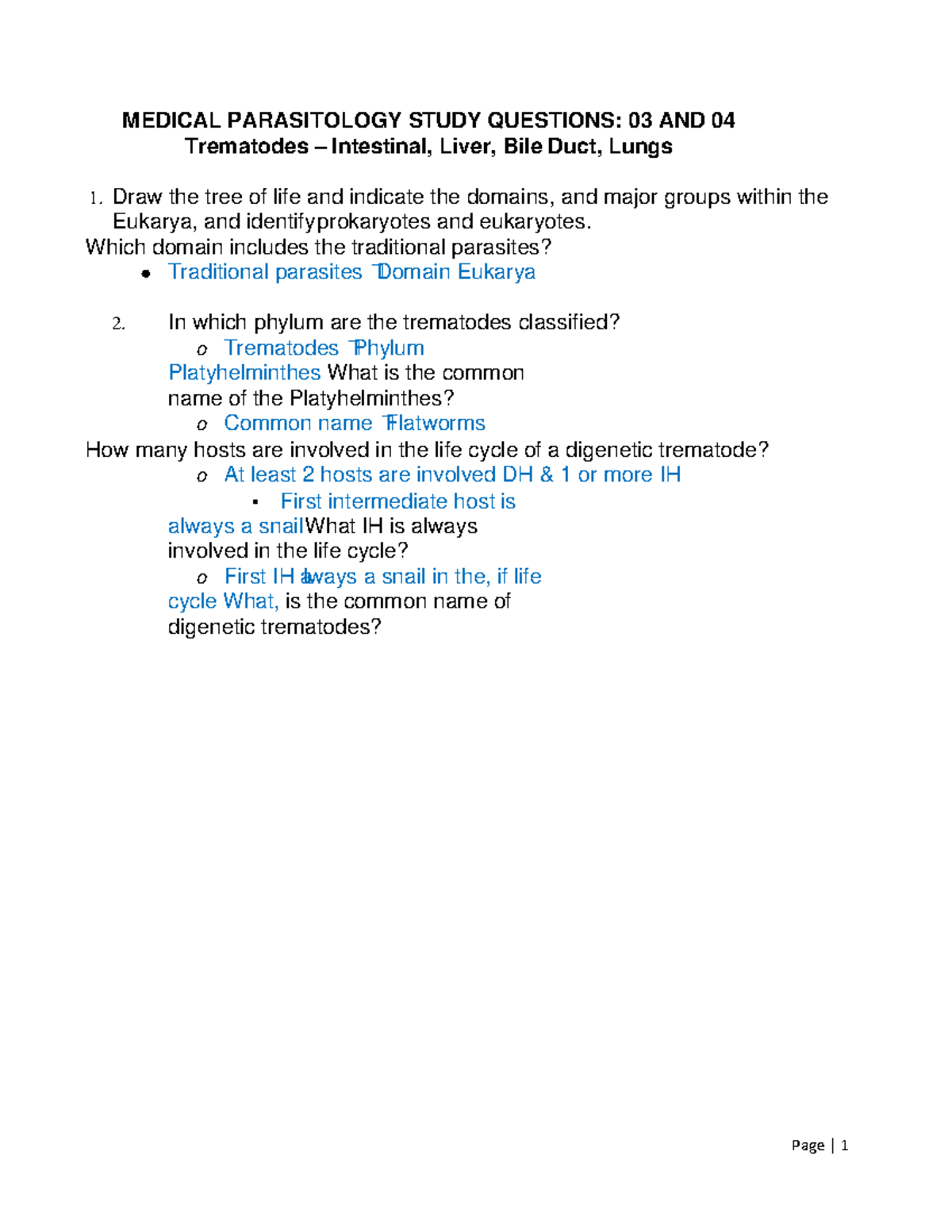 Medical Parasitology Study Questions 03 AND 04 Trematodes – Intestinal ...