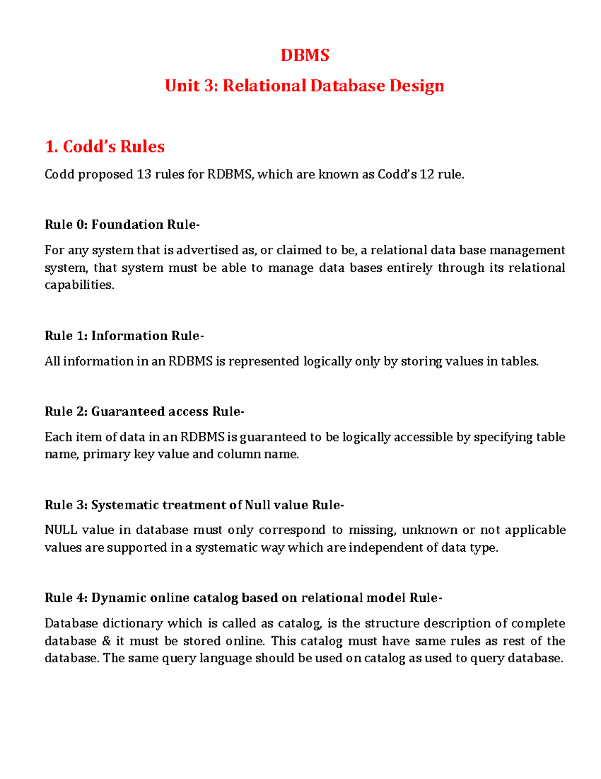DBMS-+ch+3+ - ........... - DBMS Unit 3: Relational Database Design 1. Codd’s Rules Codd ...