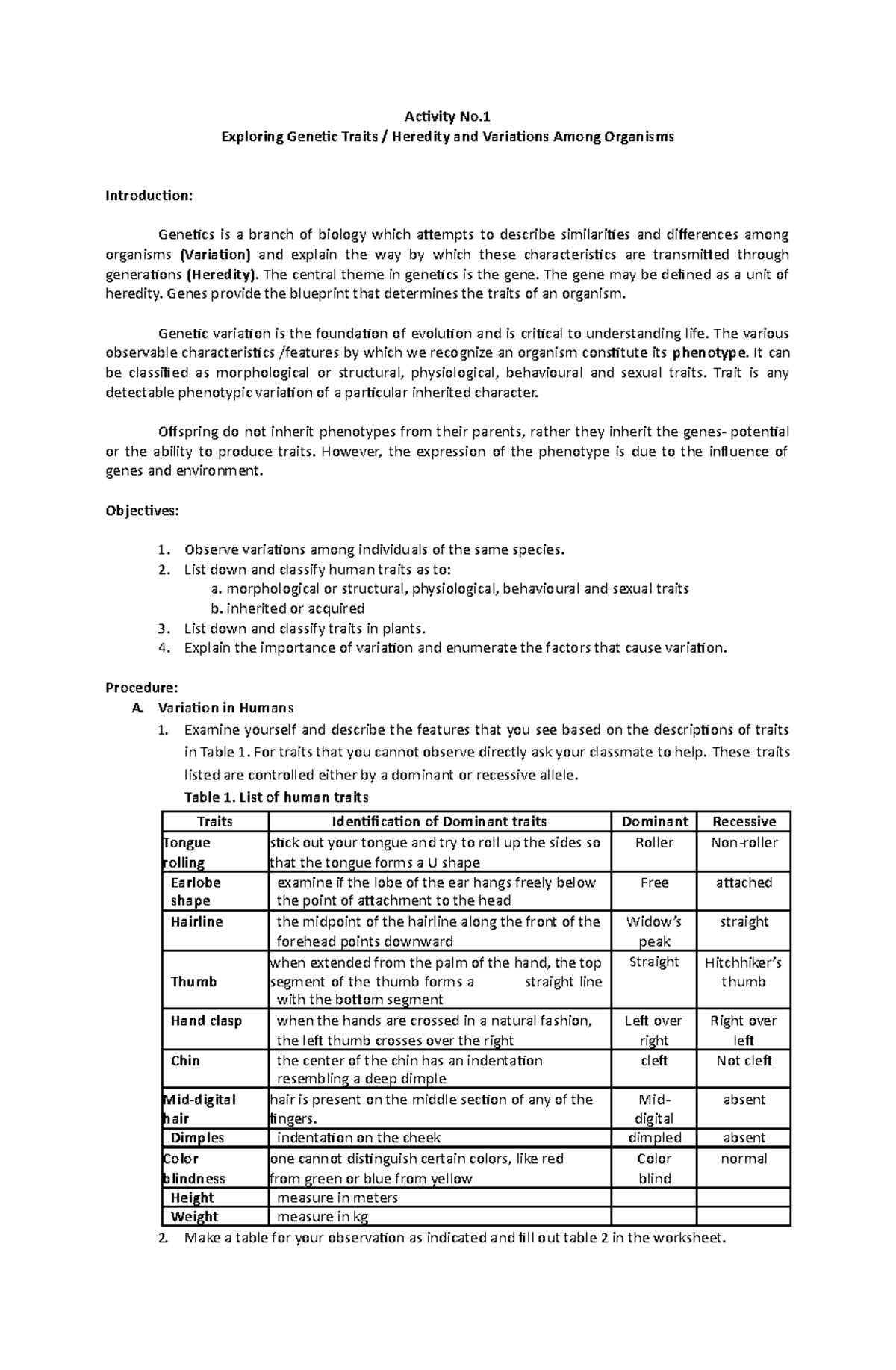 Actvity 1 Heridity and Variations Gen Lab - Activity No. Exploring ...