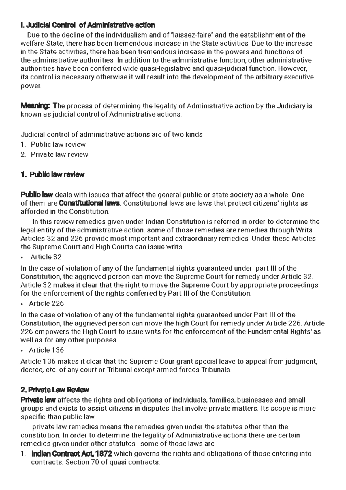 Judicial Control of Administrative action - I. Judicial Control of ...