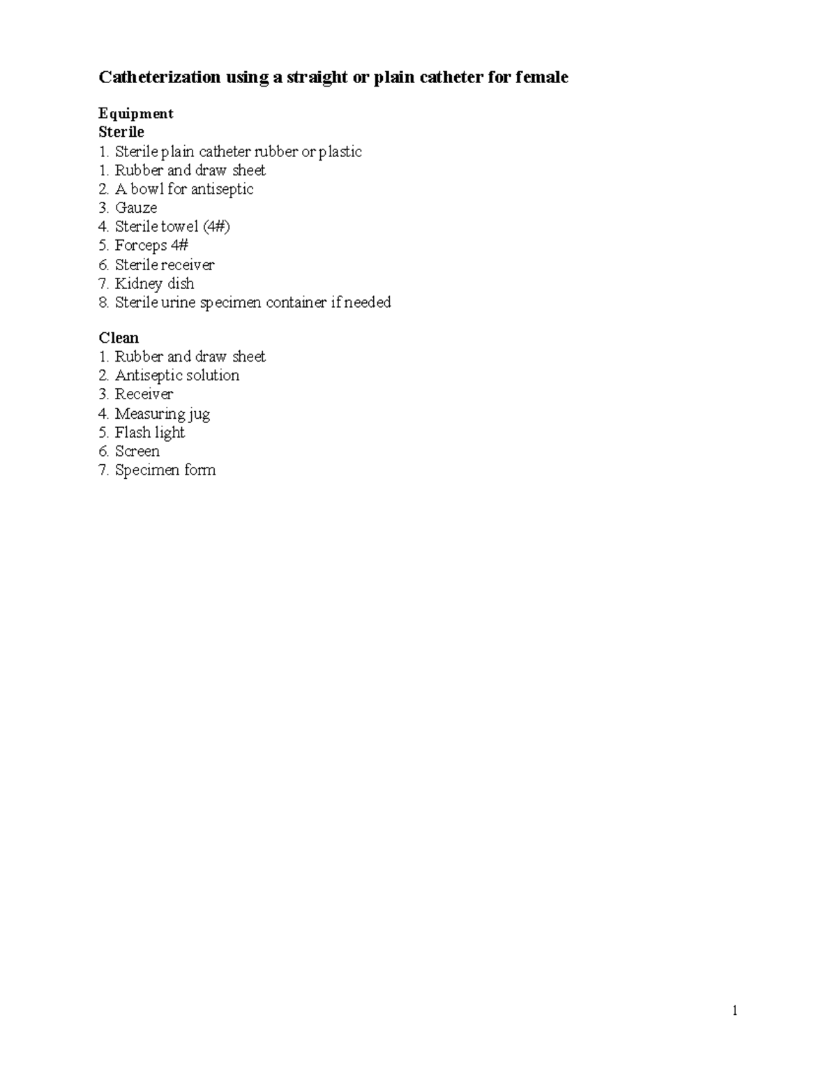 Plain catheter for female(Standard checklist) - Catheterization using a ...