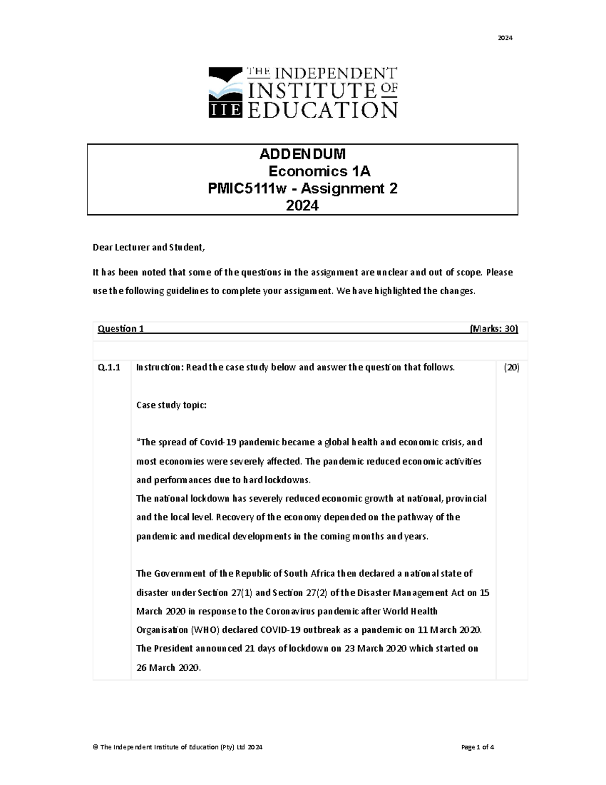 PMIC5111A2 W Addendum - ADDENDUM Economics 1A PMIC5111w - Assignment 2 2024 Dear Lecturer and ...