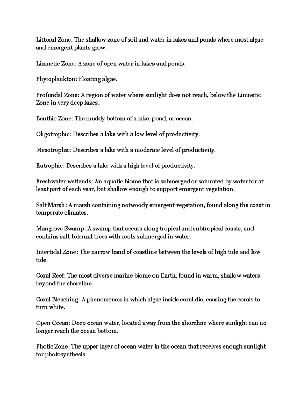 APES mod 13 - CLASS NOTES - Littoral Zone: The shallow zone of soil and ...