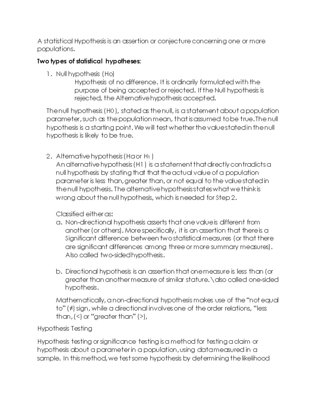 Hypothesis Testing lecture notes - Accountancy - University of the ...