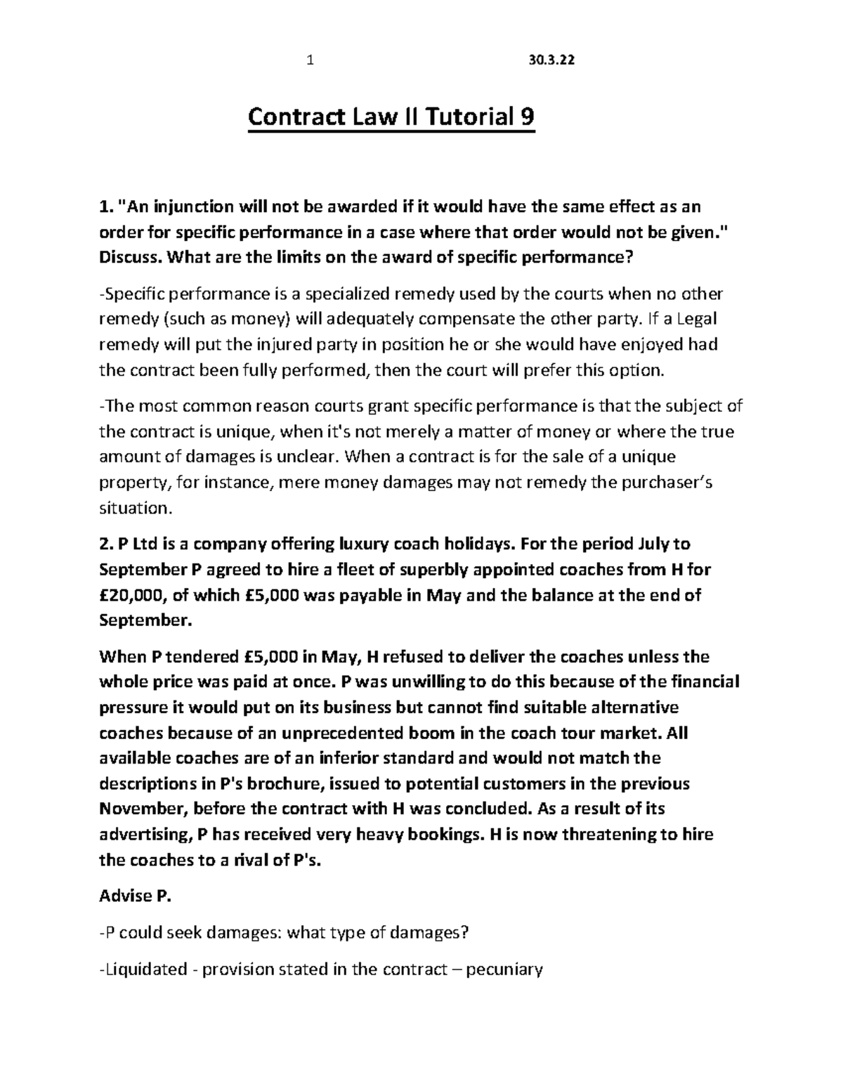 Contract Law II Tutorial 9 - 1 30. Contract Law II Tutorial 9 "An ...