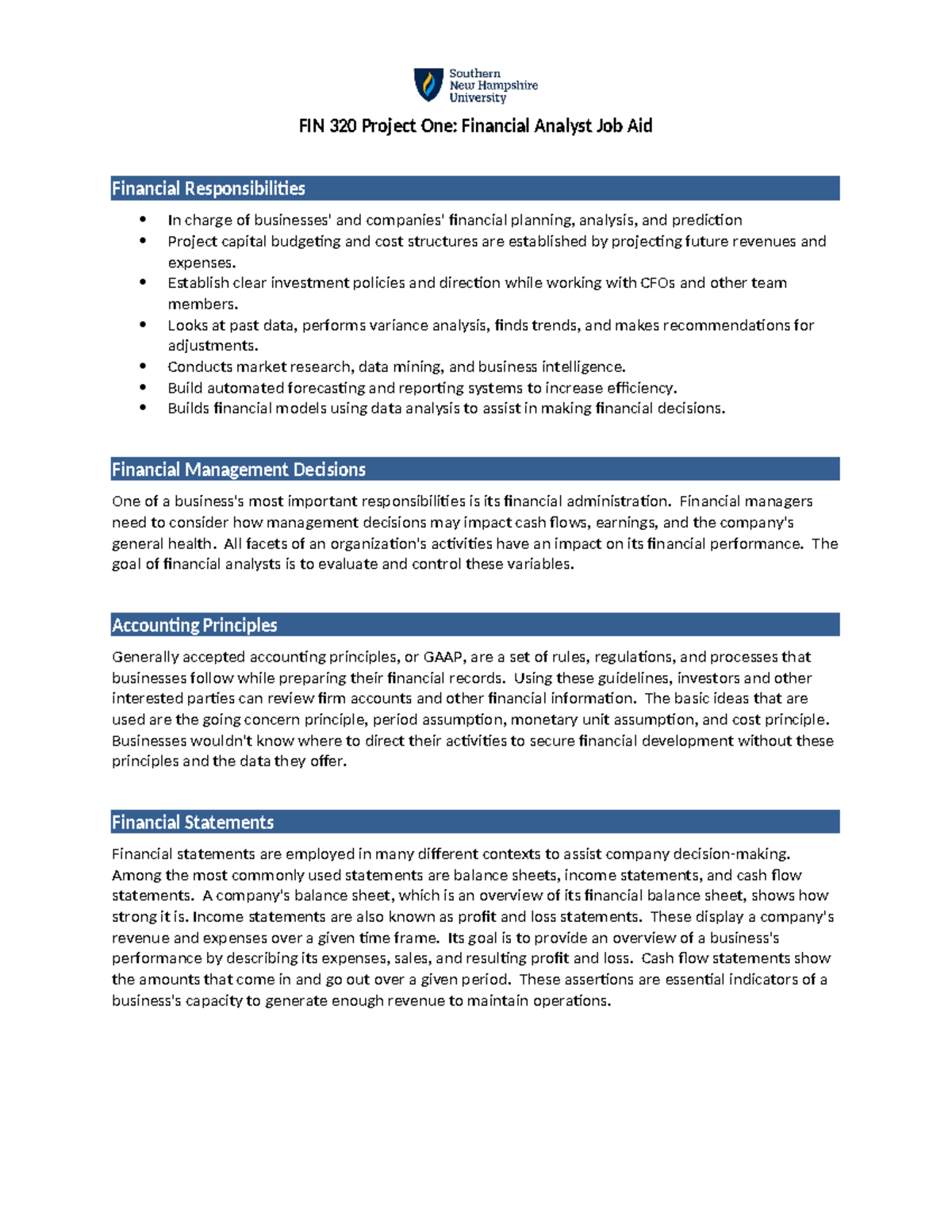 3-2 Project One Financial Analyst Job Aid - FIN 320 Project One ...
